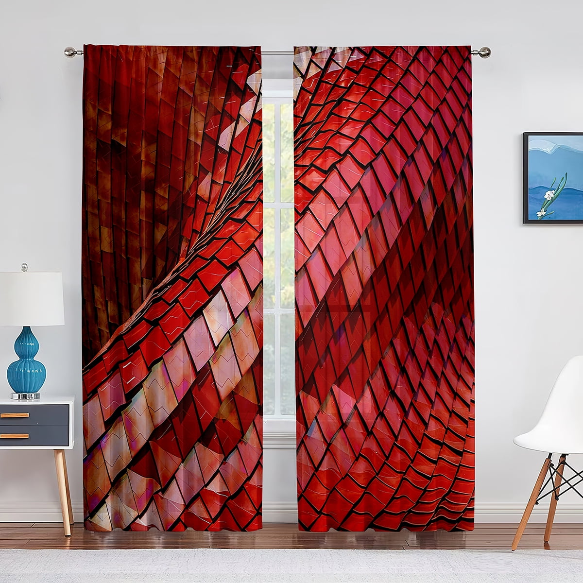 Glass Debris Liquid Shade Blue Abstract Sheer Voile Curtain for Living ...