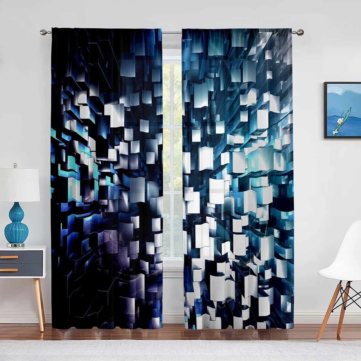 Glass Debris Liquid Shade Blue Abstract Sheer Voile Curtain for Living ...