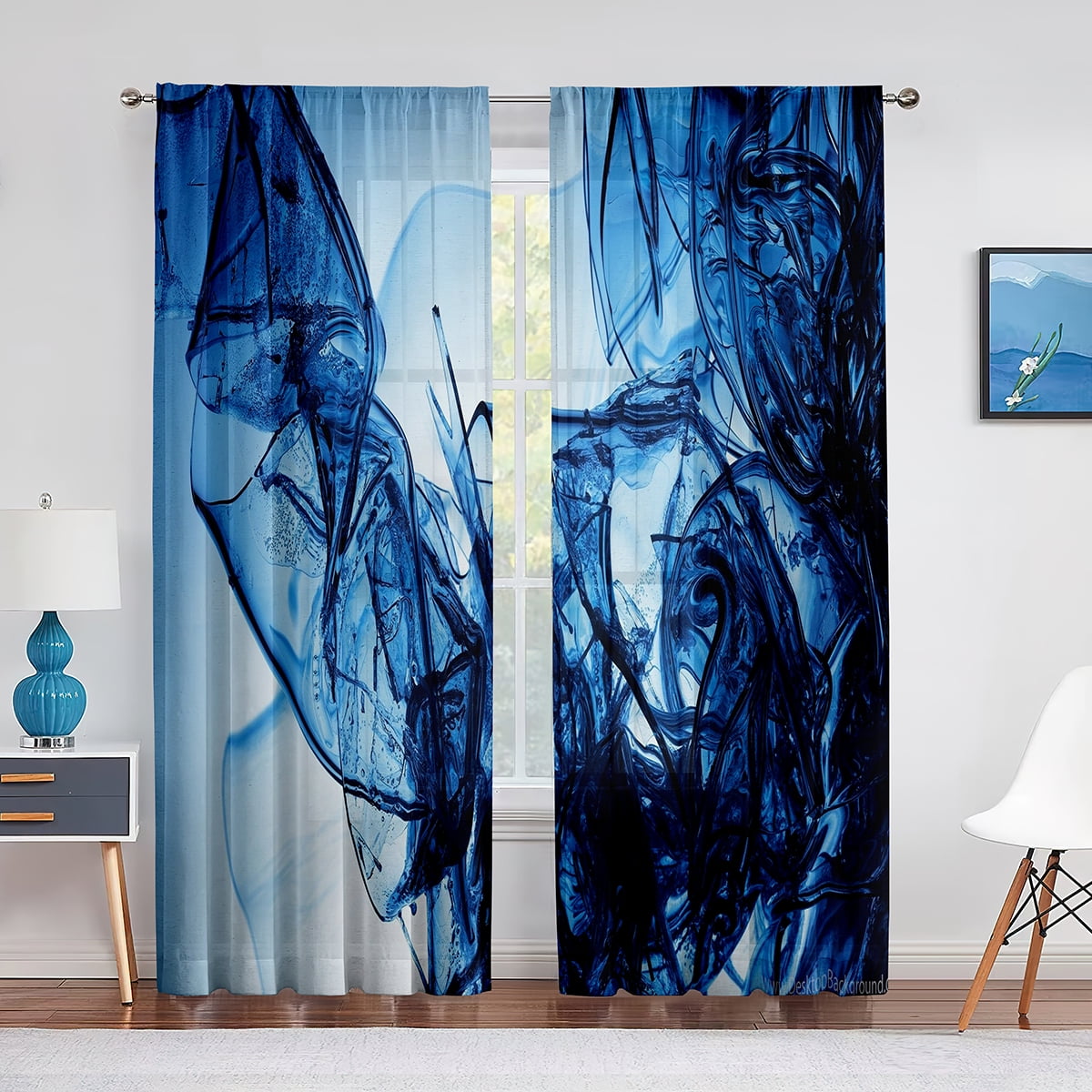Glass Debris Liquid Shade Blue Abstract Sheer Voile Curtain for Living ...