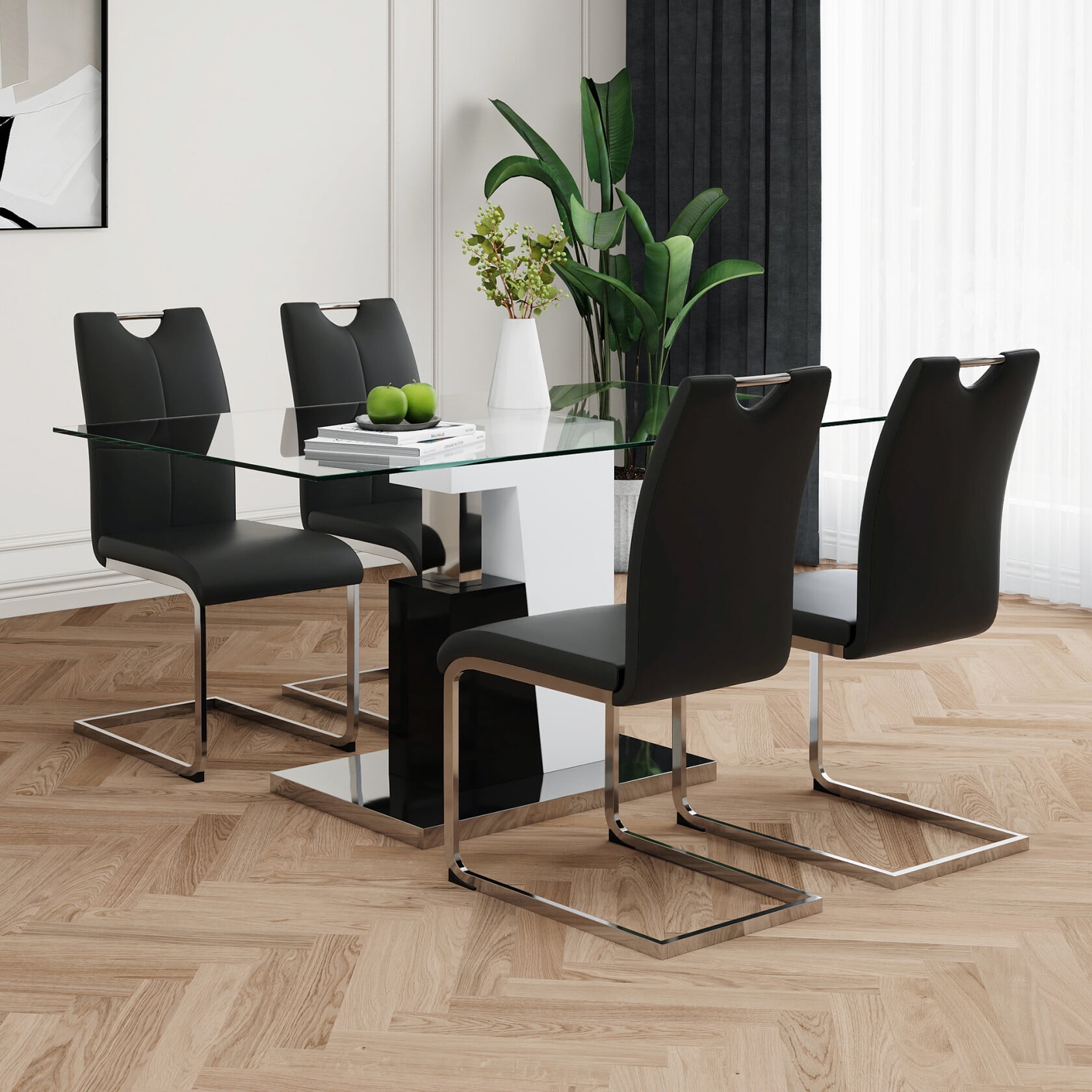 Glass Dining Set of 5, 63"Kitchen Table Set with Transparent Top, 4 ...