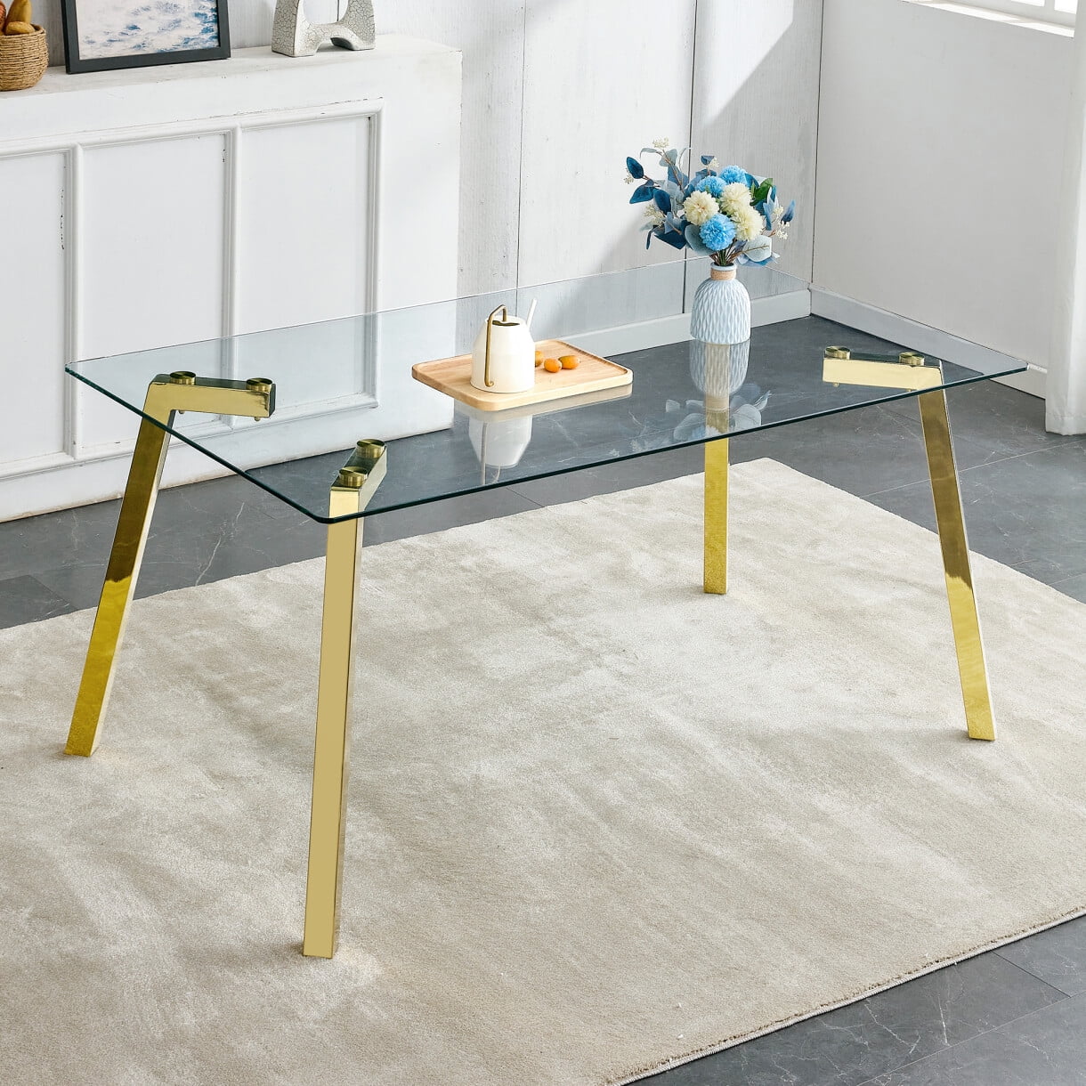 Glass Dining Table Modern Rectangle Tempered Glass Tabletop With Golden Coated Metal Legs 63