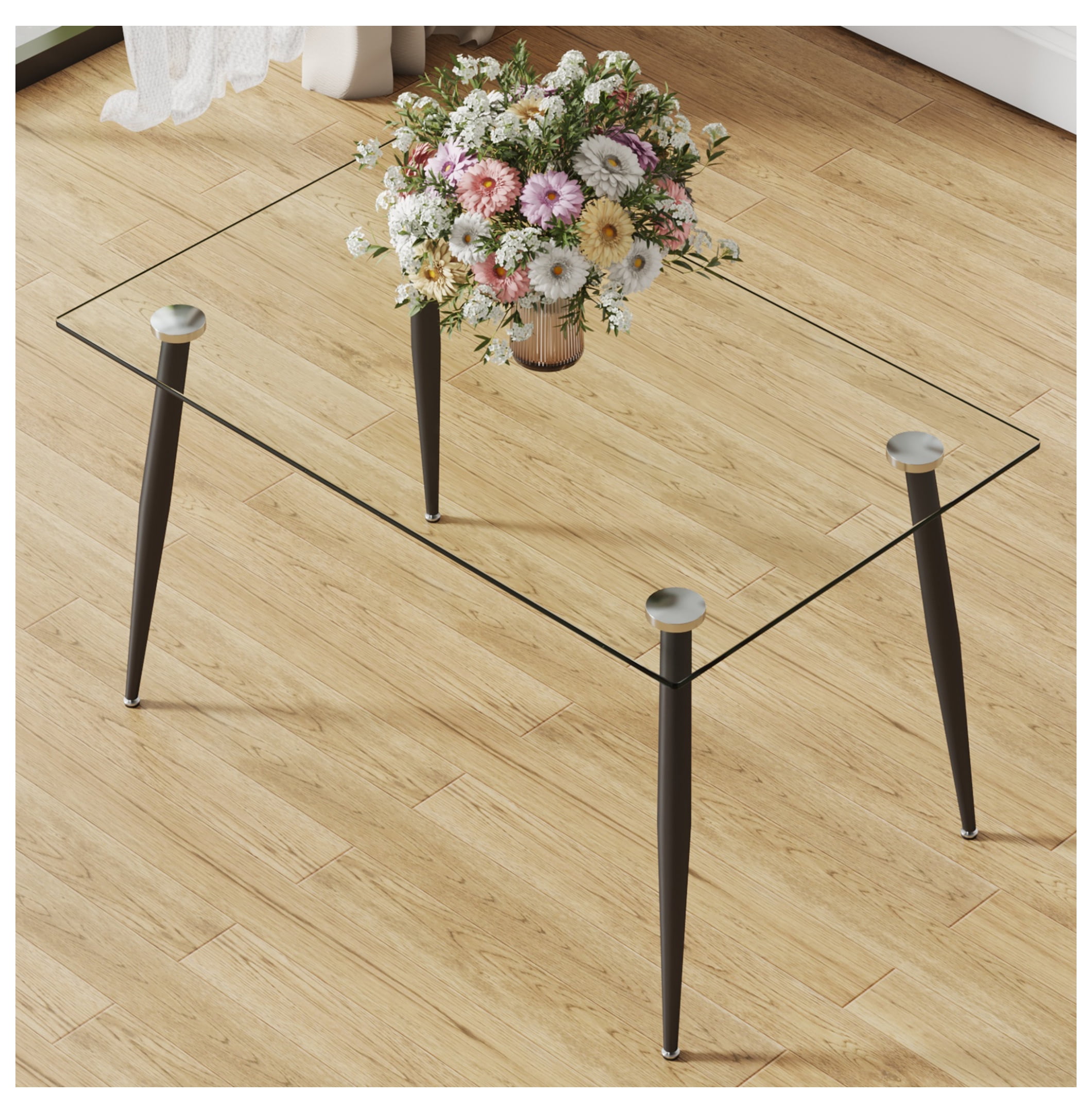 Glass Dining Table, Rectangular Kitchen Table for 4-6 People, Tempered ...