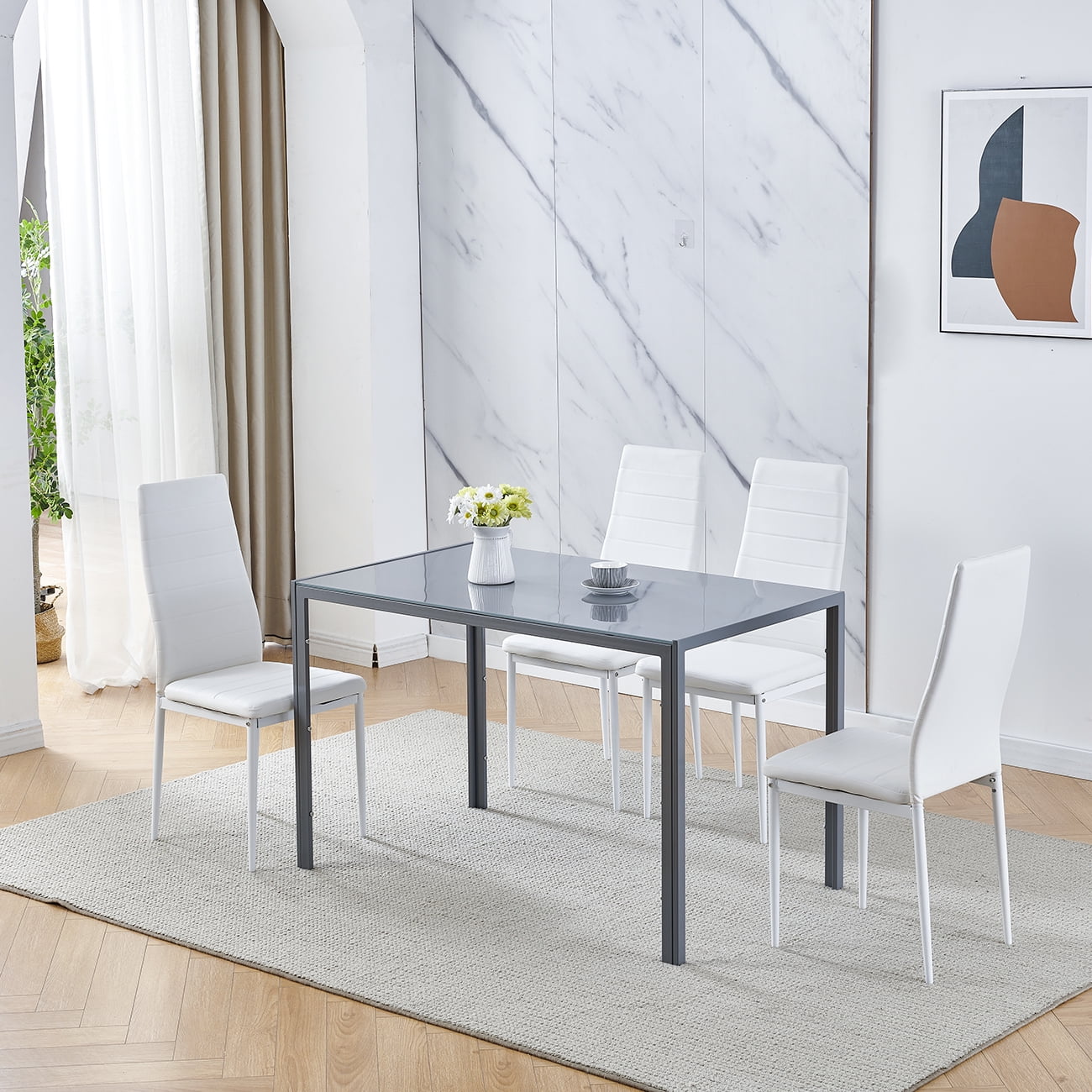 Glass Dining Table Set for 4,5-Piece Dining Room Set with Upholstered ...