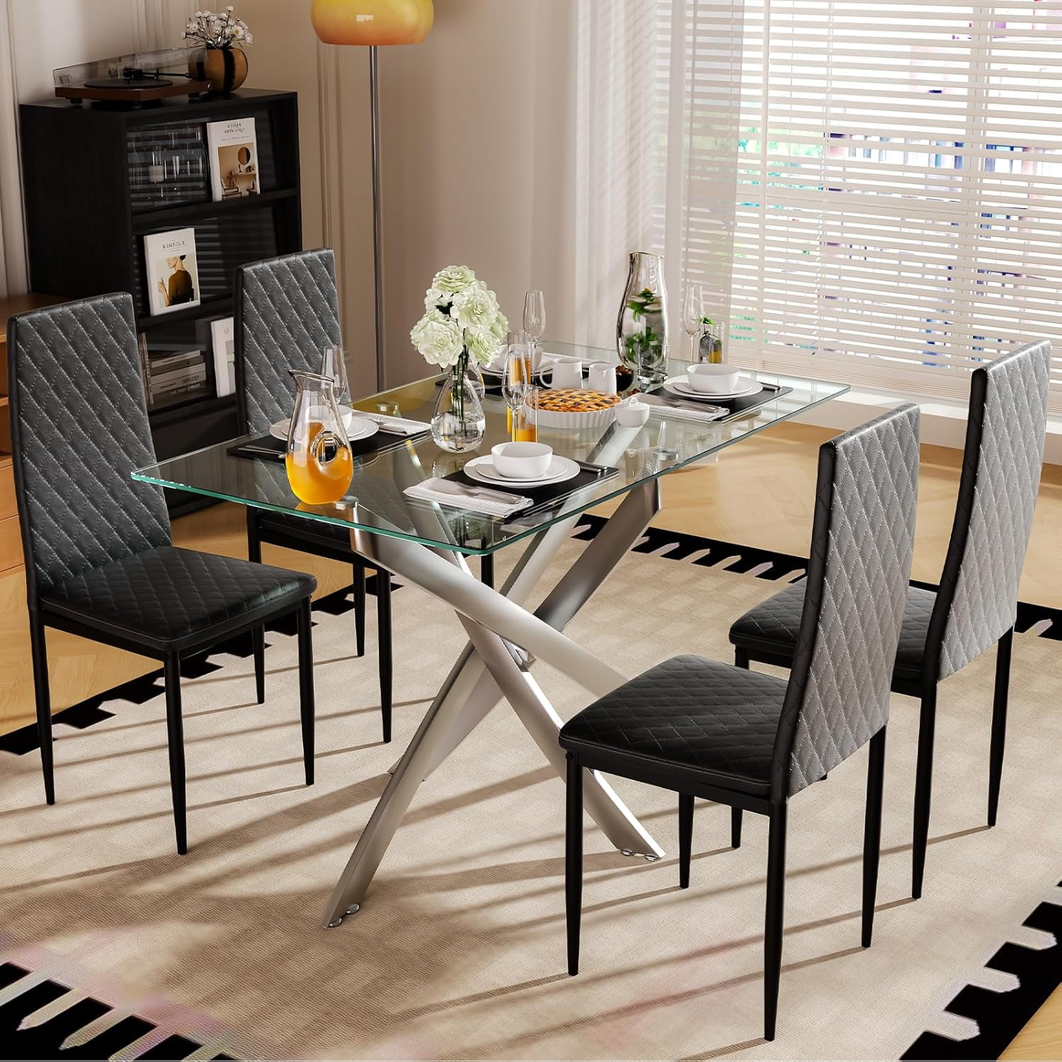 Glass Dining Table Set for 4, 5-Piece Modern Tempered Glass Table with ...