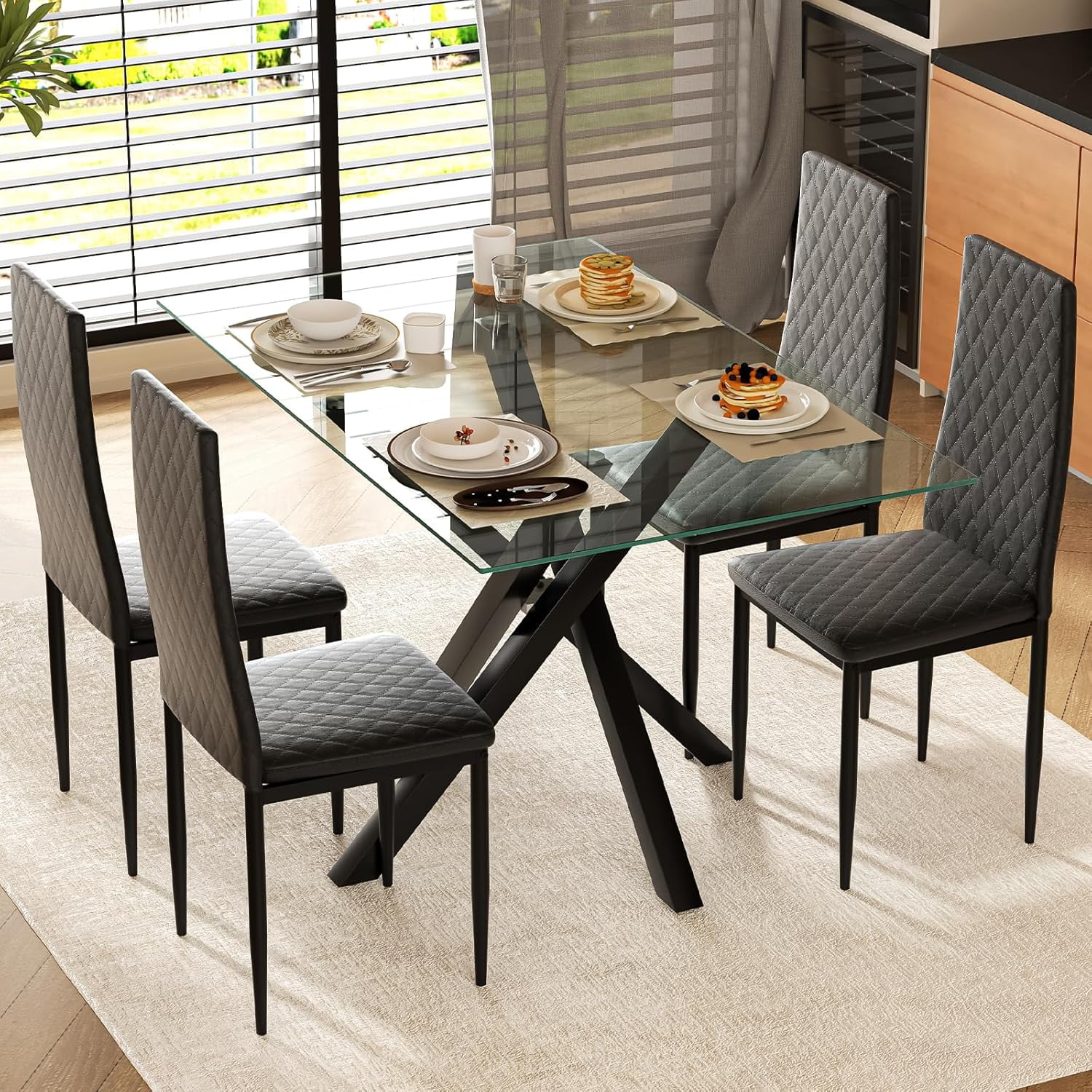 Glass Dining Table Set for 4, 5-Piece Modern Tempered Glass Table with ...