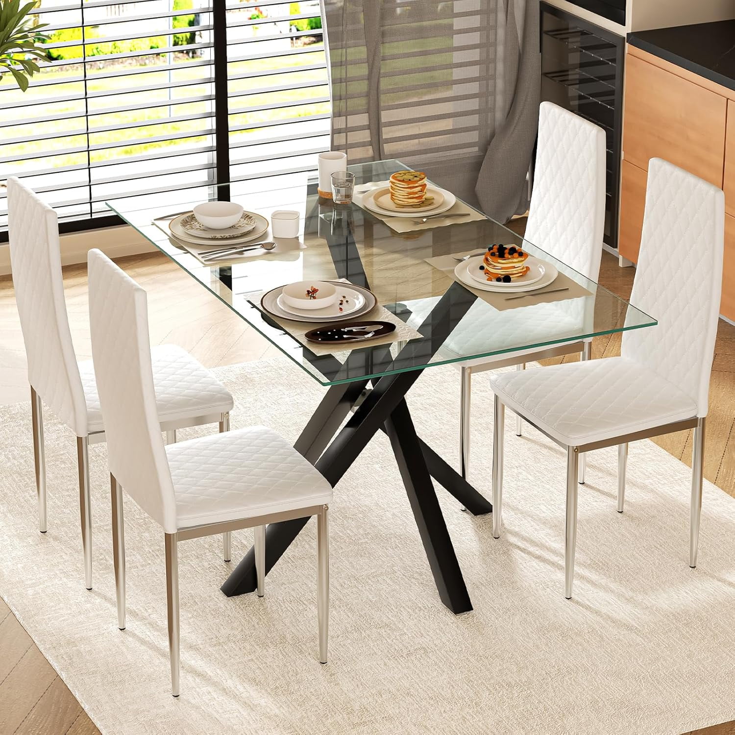 51.18 Inch Rectangle Glass Dining Table Set for 4, 5-Piece Modern ...