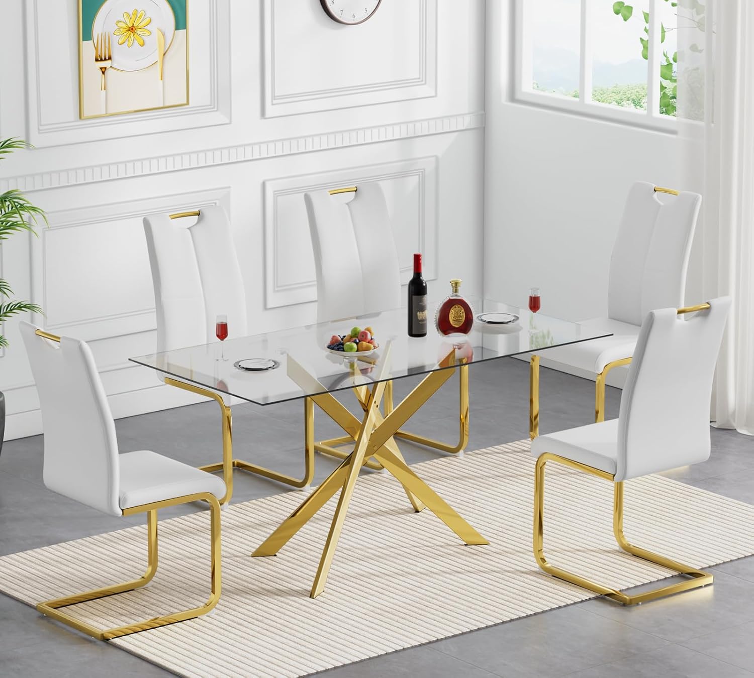 Glass Dining Table Set for 6, Modern Gold Kitchen Table Chairs Set for ...
