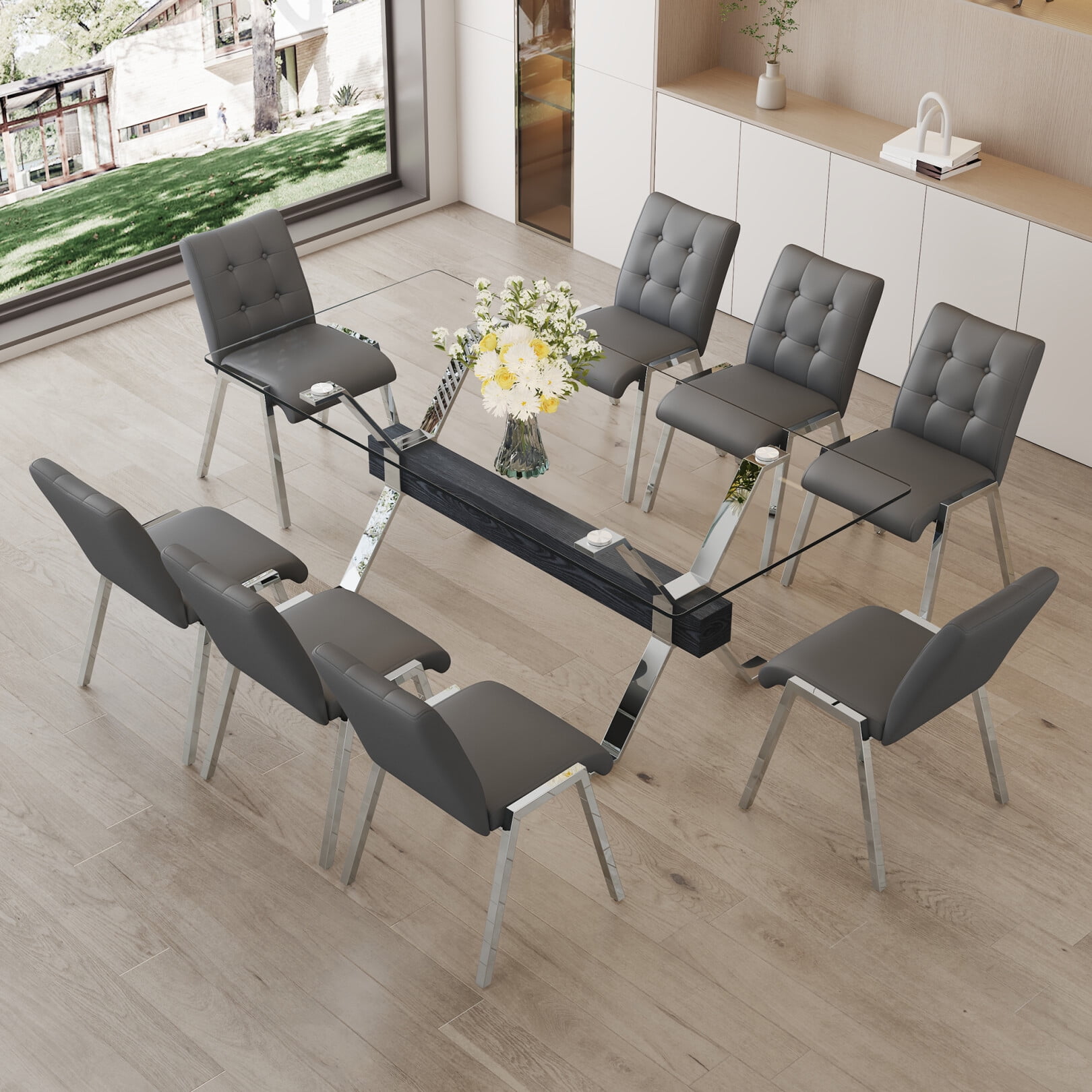 Glass Dining Table Set for 8, Table and Chair Set with 1 Table and 8 ...