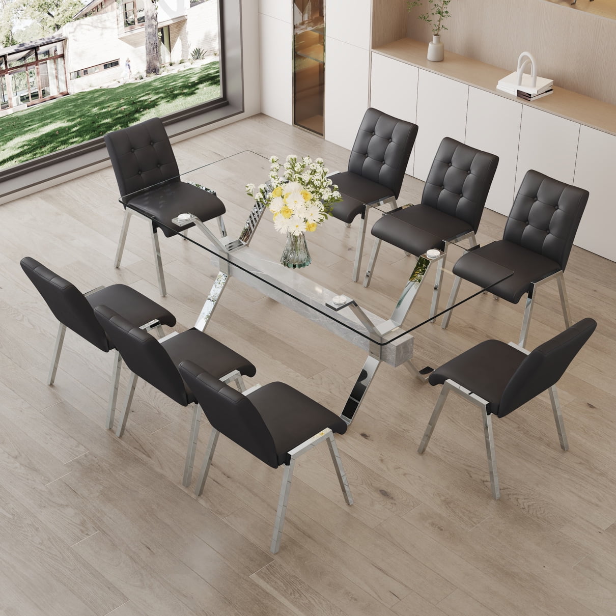 Glass Dining Table Set for 8, Table and Chair Set with 1 Table and 8 Chairs, Modern Rectangular ...