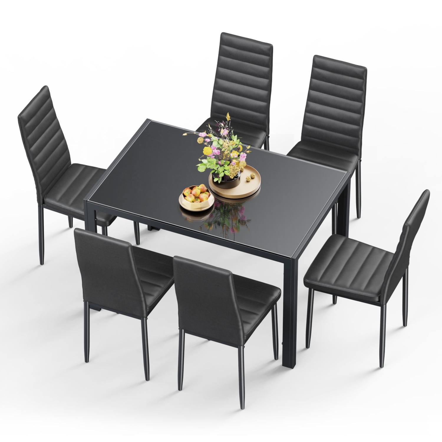 Lofka Rectangular Glass Dining Table Set for 6, PU Leather Kitchen ...