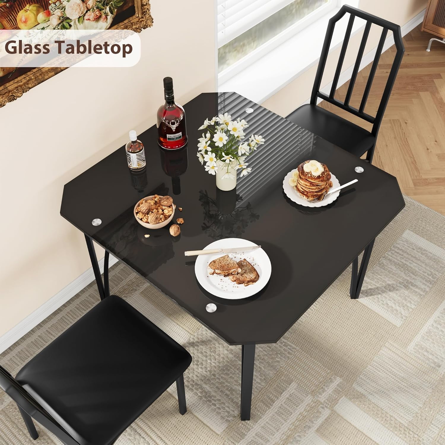 Glass Dining Table Set with Chairs Modern Chamfered Design Comfortable ...