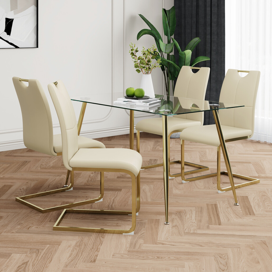 Glass Dining Table Set with Tempered Glass Top and Gold Legs Light ...