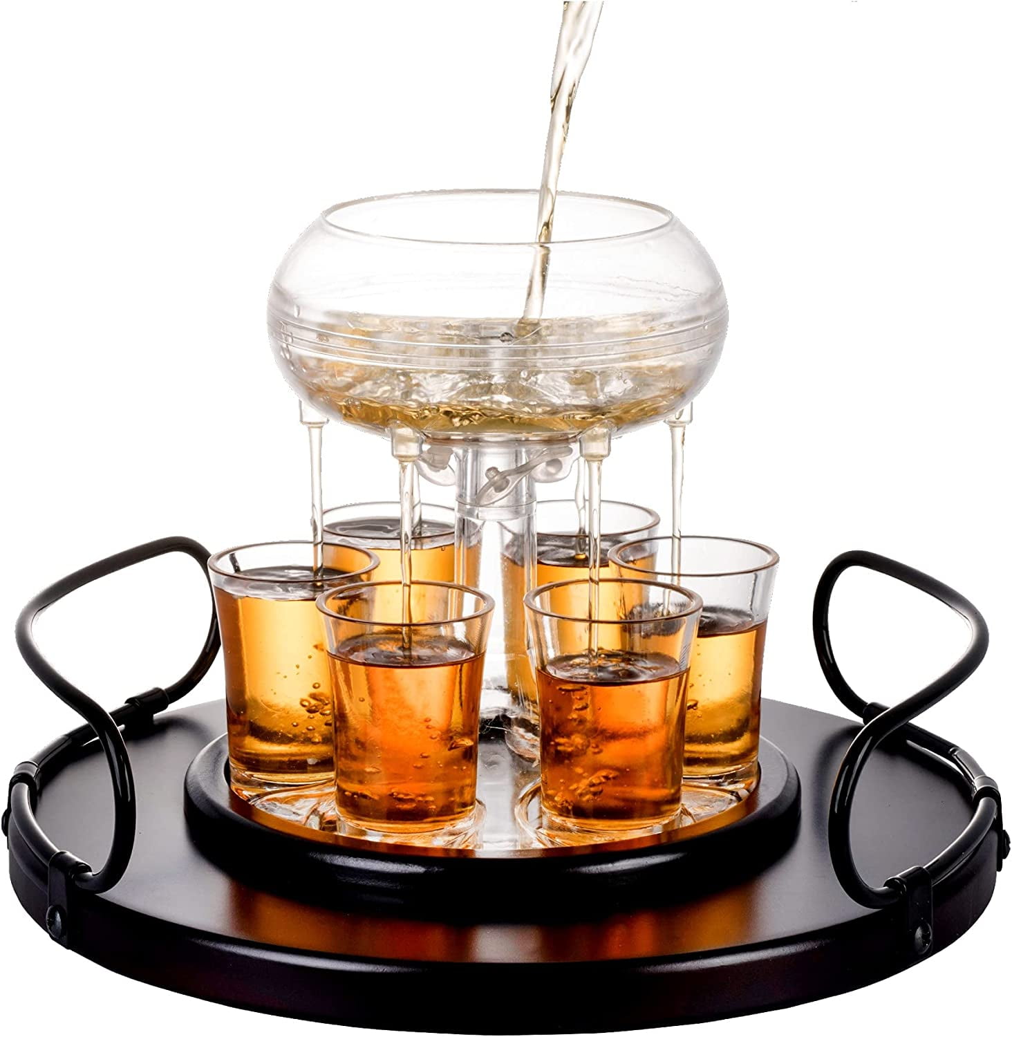 Glass Dispenser Gift Set - Rich Wood Mahogany Serving Tray - 6 Glass ...