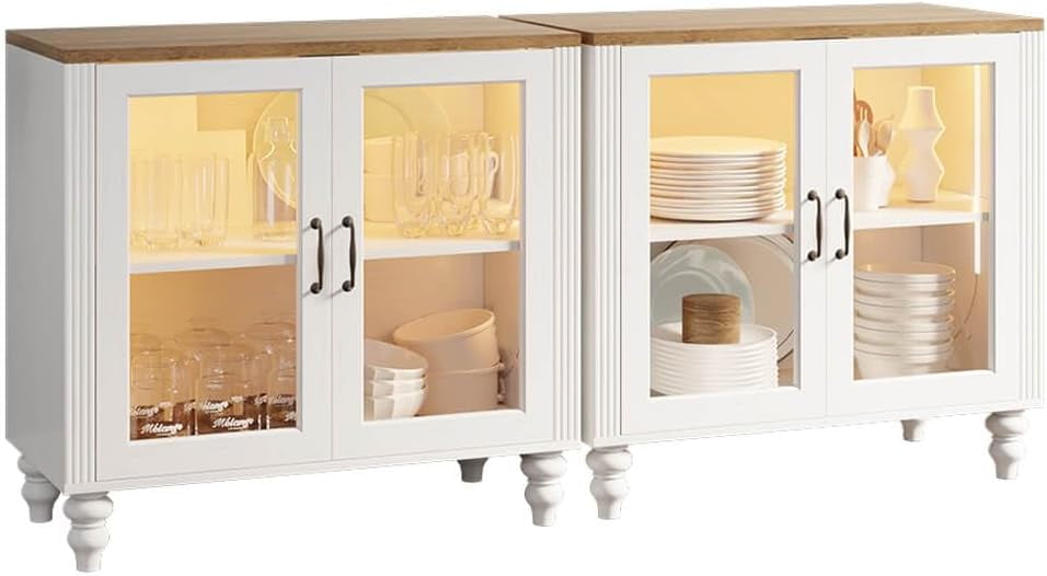 Glass Display Buffet Cabinet with LED Lighting, Adjustable Storage ...