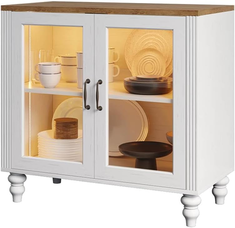 Glass Display Buffet Cabinet with LED Lighting, Adjustable Storage ...