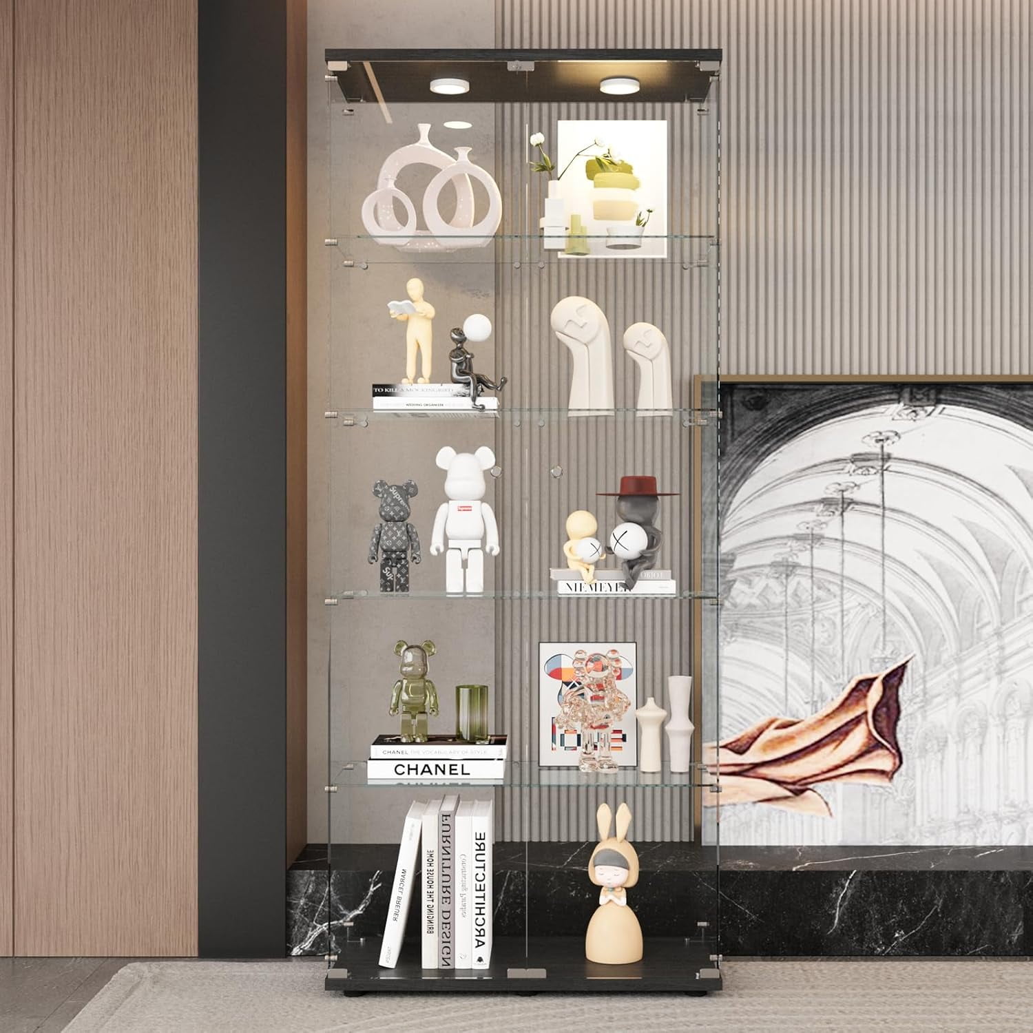 Glass Display Cabinet 3-Shelf with Double Door, Curio Cabinets Fast Installation in 30 Mins, 5mm ...