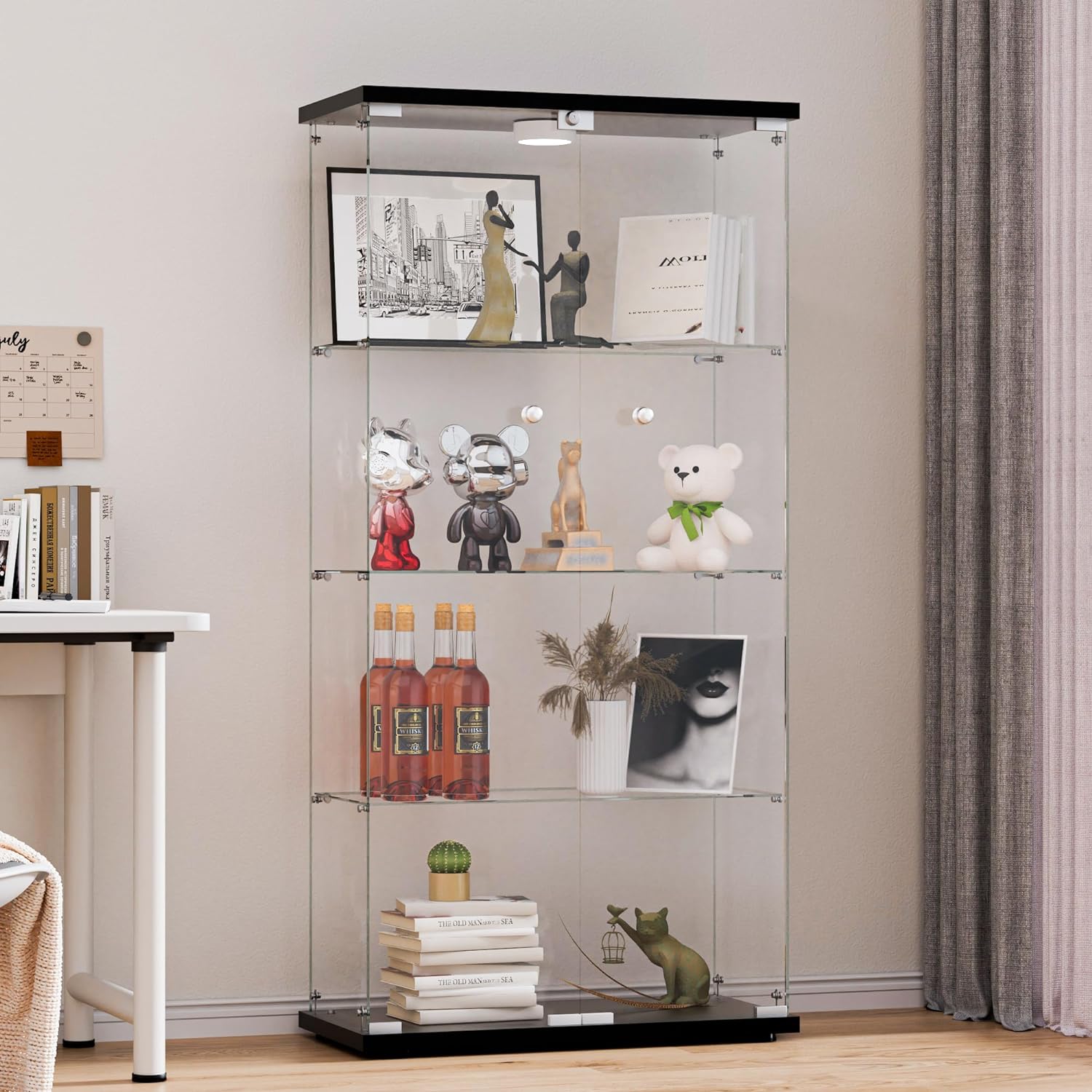 Glass Display Cabinet 4-Shelf 2 Doors with LED Push Light Lockable ...