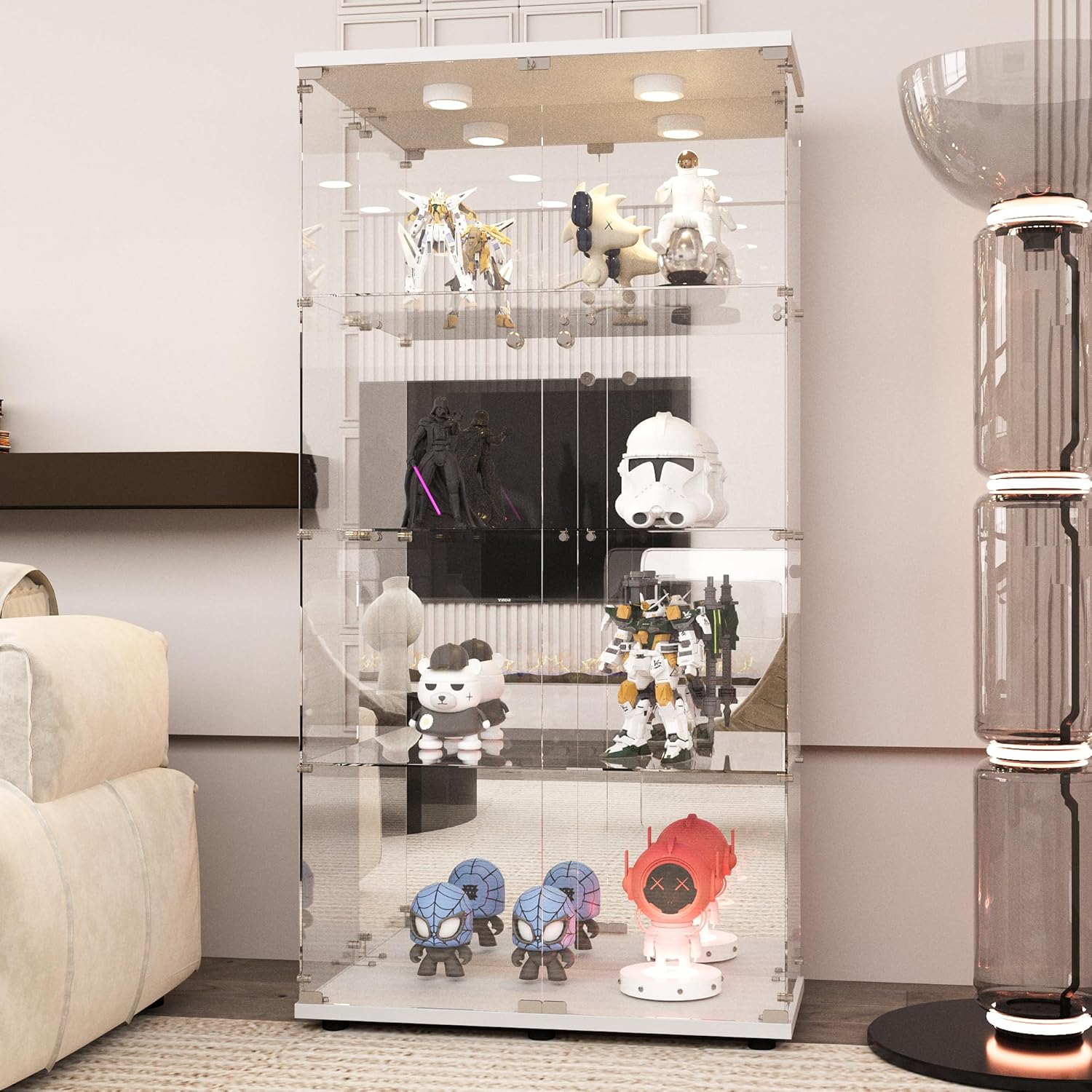 Glass Display Cabinet 4-Shelf with LED Light, Mirror and Lock, 2 Door ...