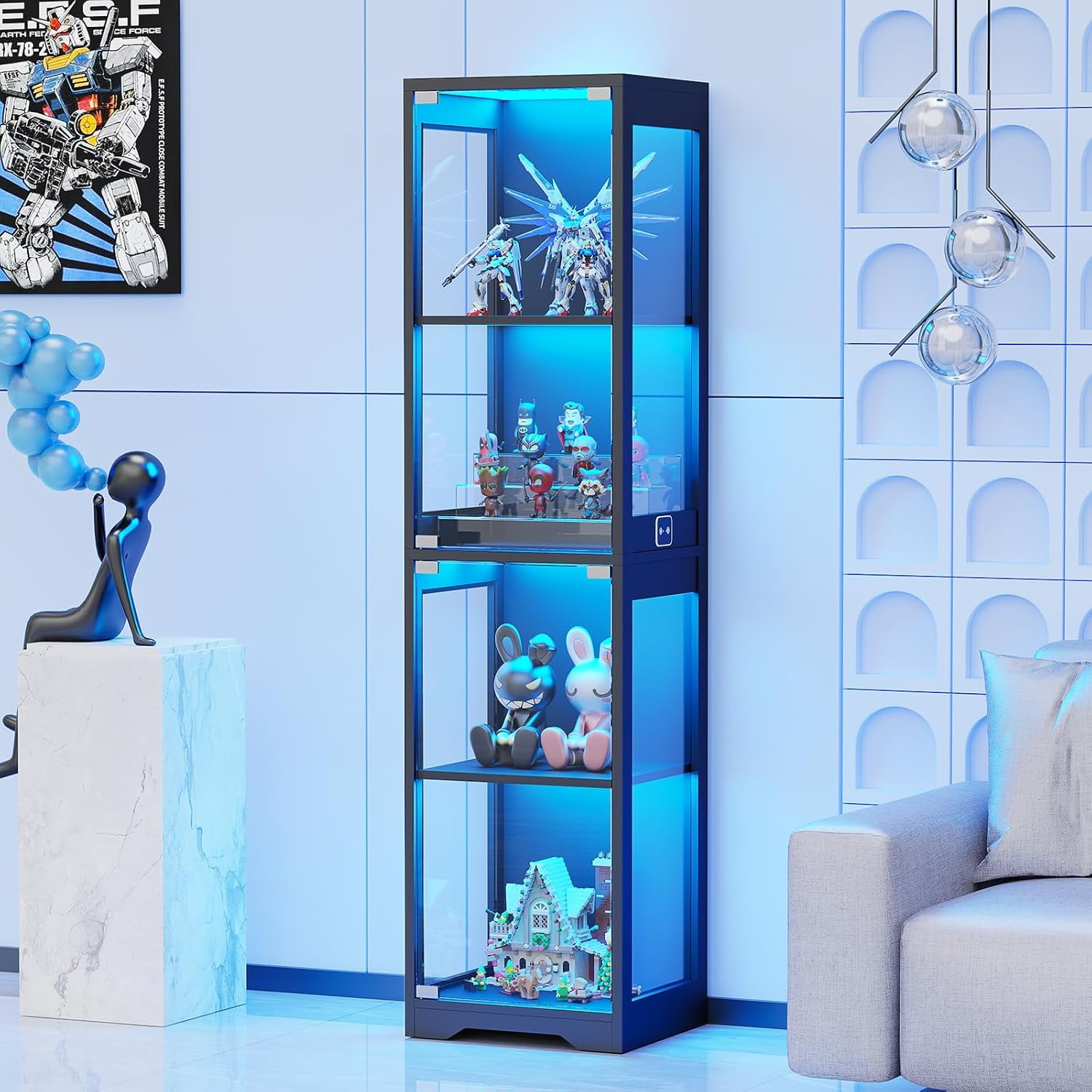 Glass Display Cabinet, 4-Tier Curio Cabinets with 3 Color Lights for ...