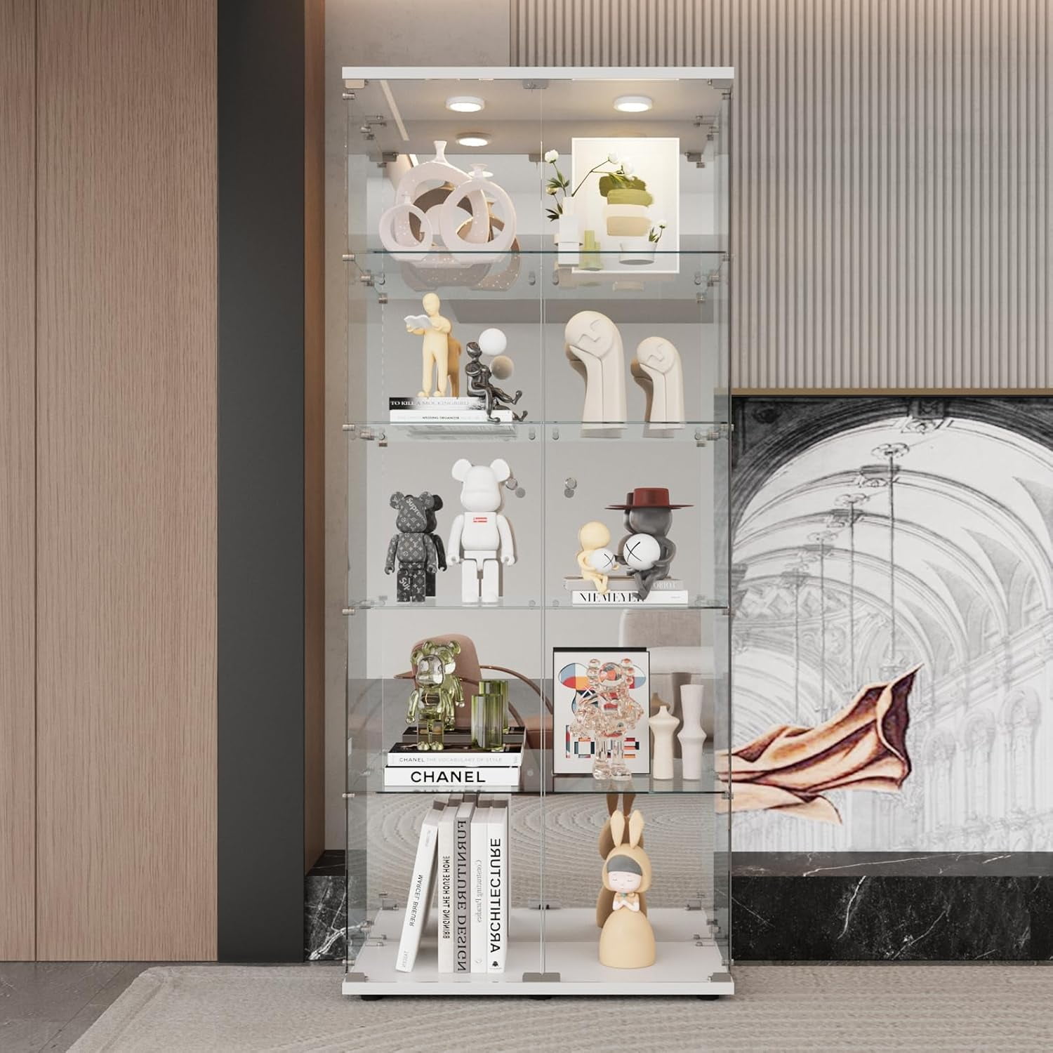 Glass Display Cabinet 5-Shelf with LED Light, Mirror and Lock, 2 Door ...