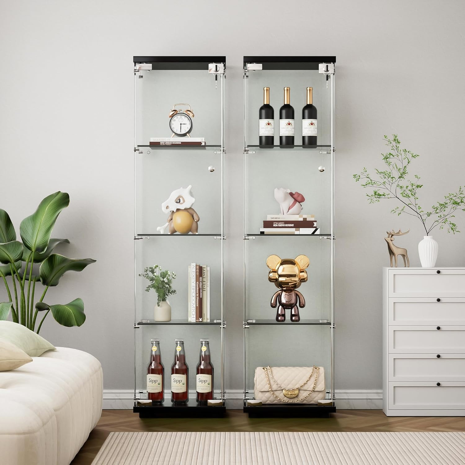 Glass Display Cabinet, Glass Cabinet with 4 Shelves and Lock, 1-Door ...