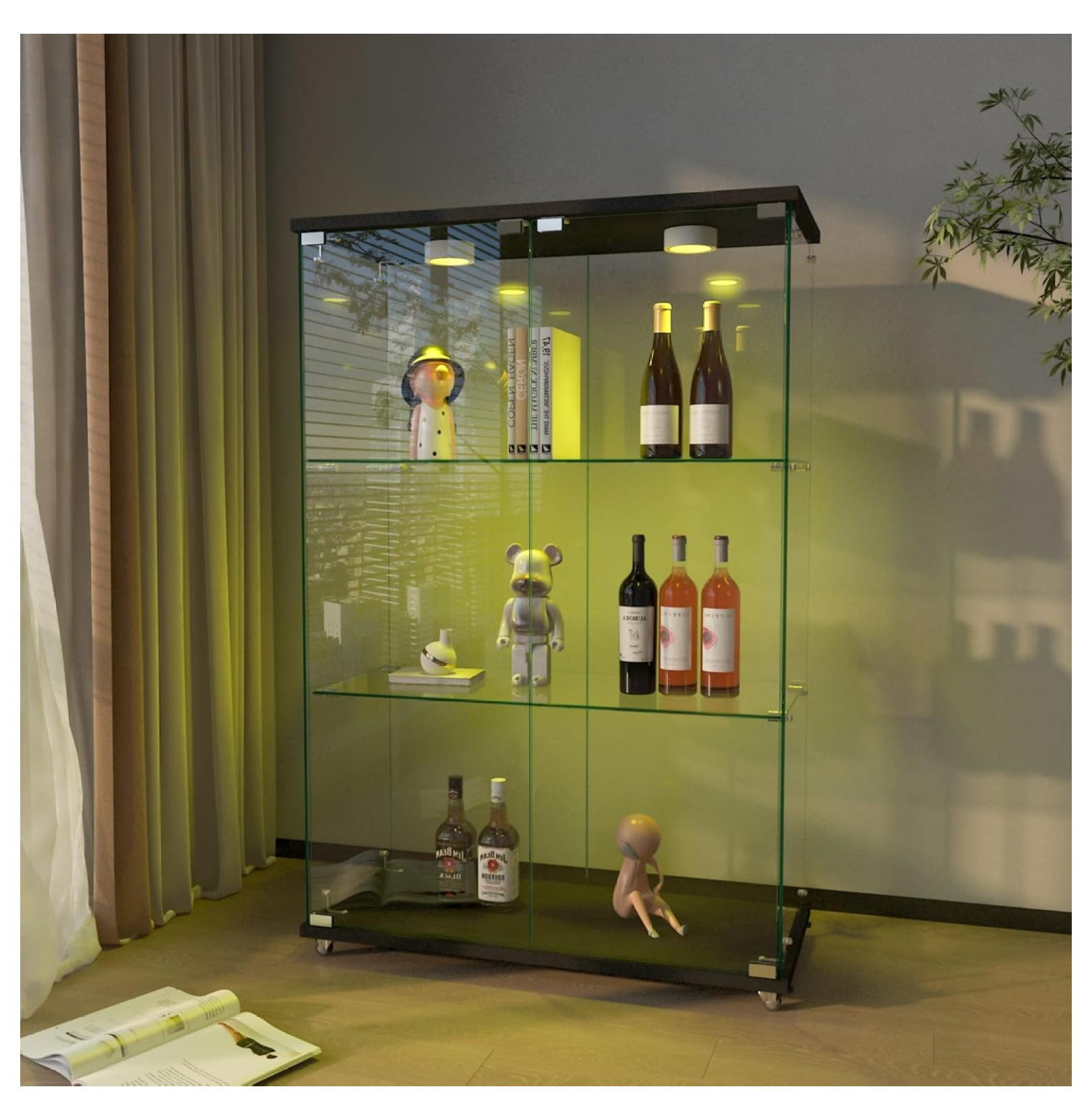 Glass Display Cabinet with LED Light, 3 Shelves Glass Cabinet with 2 ...