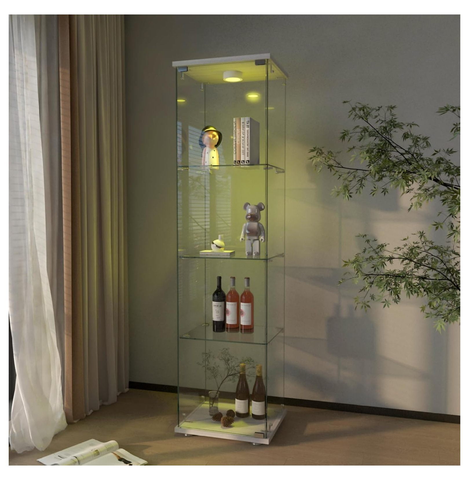 Glass Display Cabinet with LED Light, 4 Shelves Glass Cabinet with Door ...