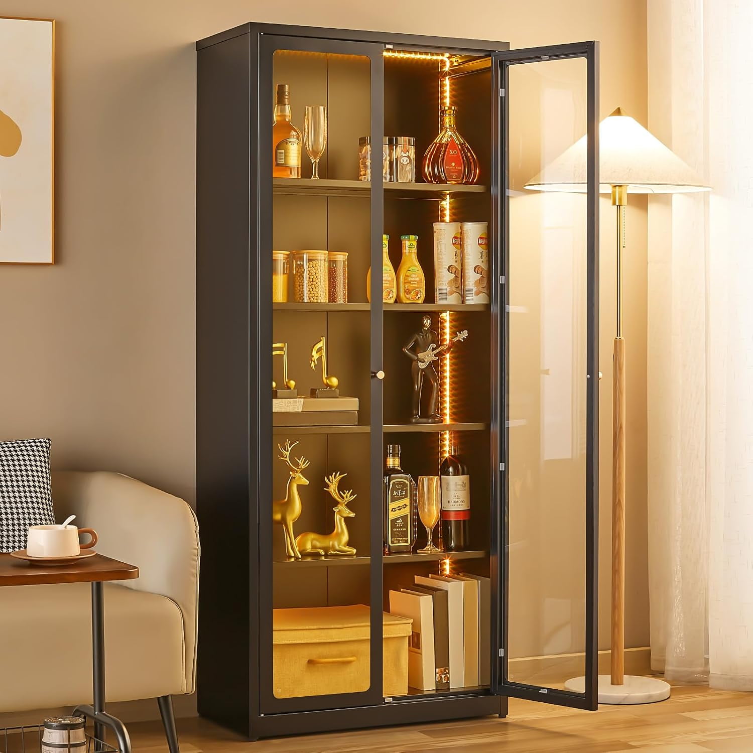 Glass Display Cabinet with LED Light, 67" 5-Tier Curio Storage Cabinet ...