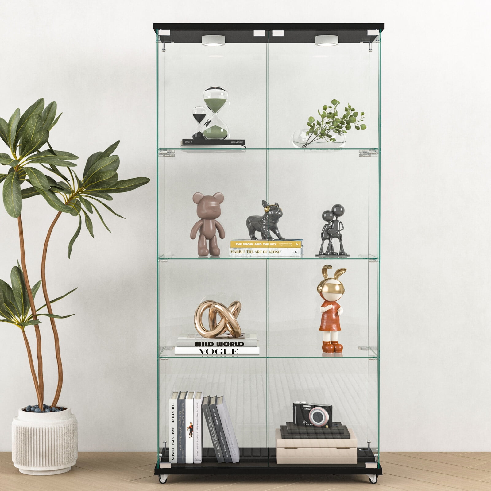 Glass Display Cabinet with LED Lights, Quick-Assembly Tempered Glass ...
