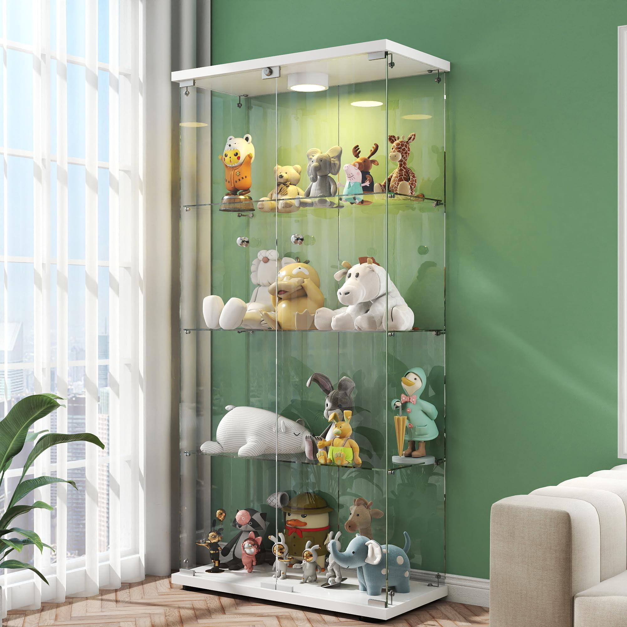 Glass Display Cabinet with Lights and Lock, 2 Doors Curio Cabinet with ...