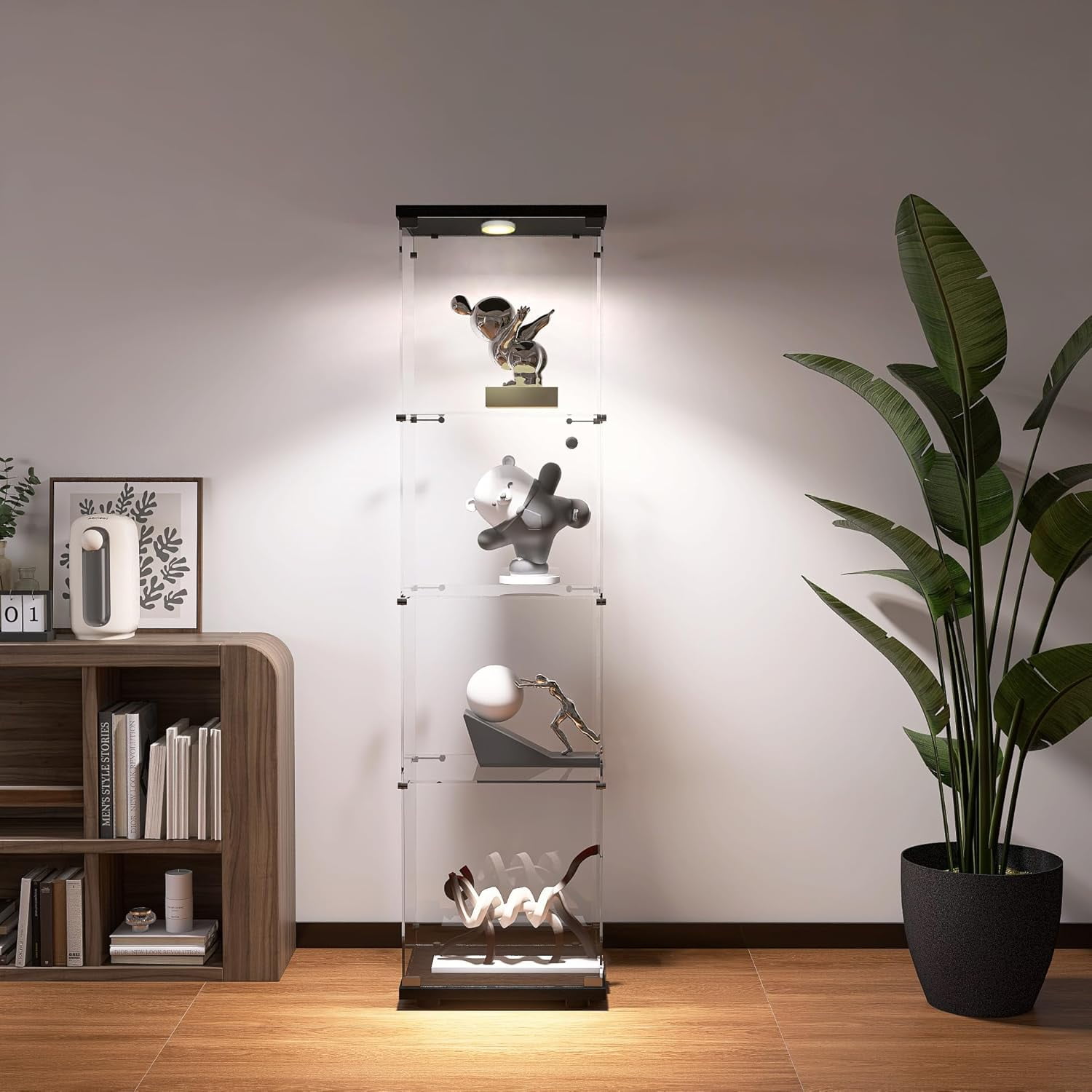 Glass Display Cabinet with Lights and Lock, 4-Tier Display Case Curio ...