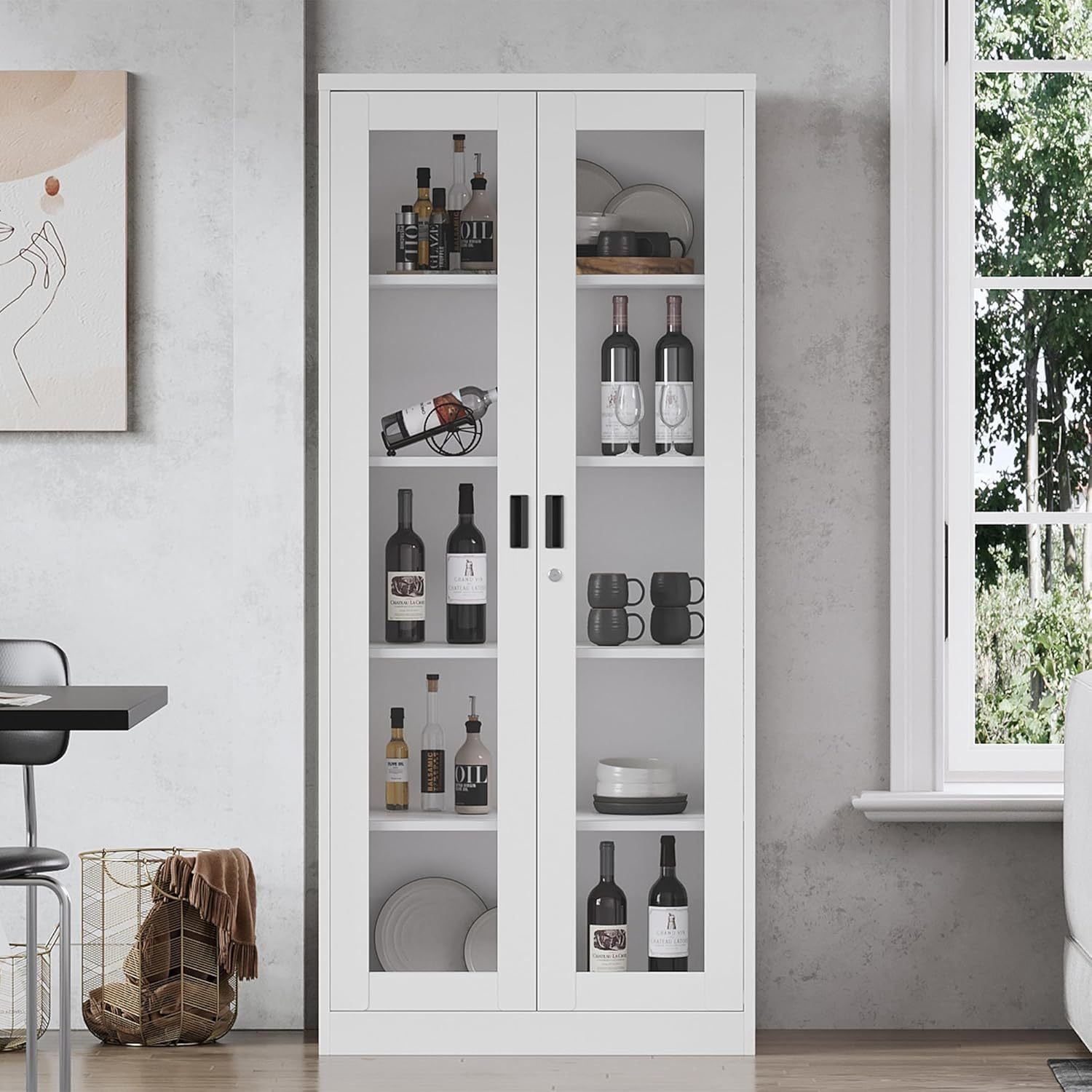 Glass Display Cabinet Liquor Cabinet with Lock,Tall Bookcase Metal ...