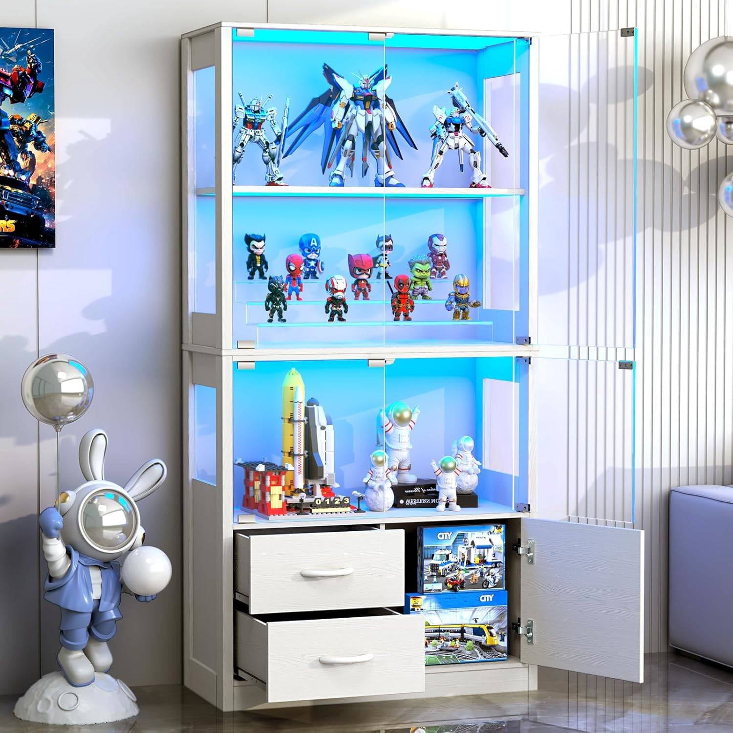 Glass Display Cabinet with 3-Tier Shelves, Motion-Sensor LED Lighting ...