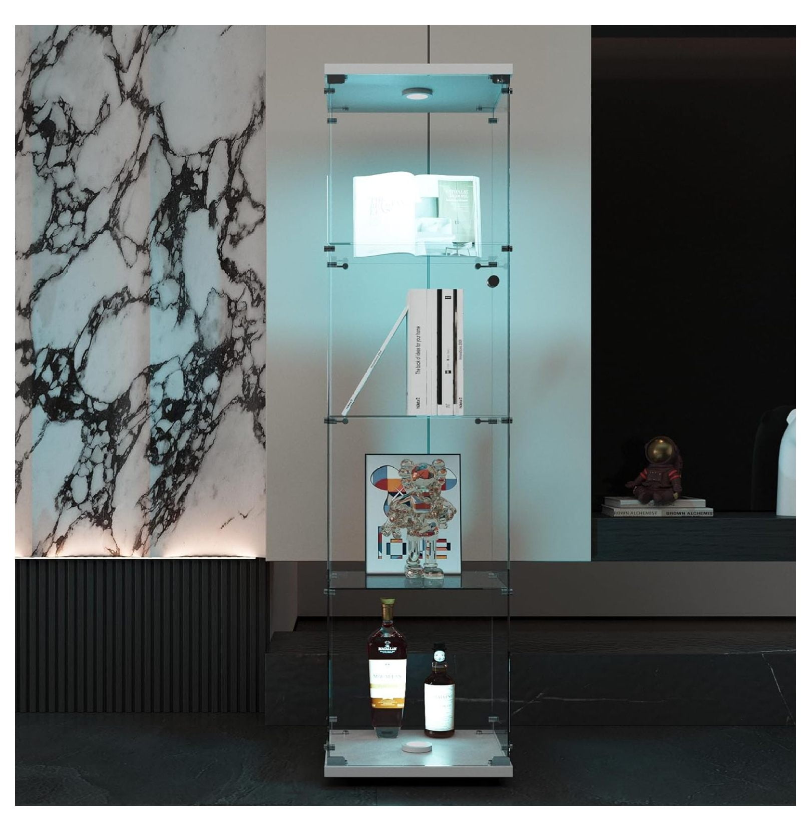 Glass Display Cabinet with LED Light,4 Tier Shelf Glass-Door Cabinet in ...