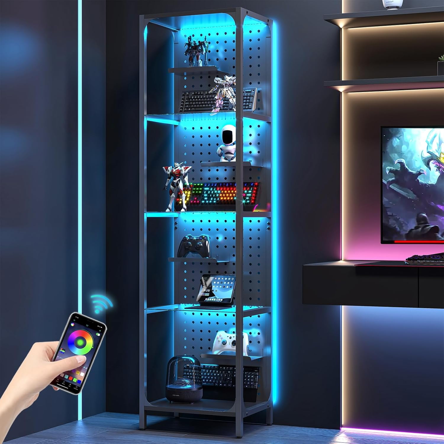 Glass Display Shelf for Collectibles, LED Black Shelf, Curio Cabinet ...