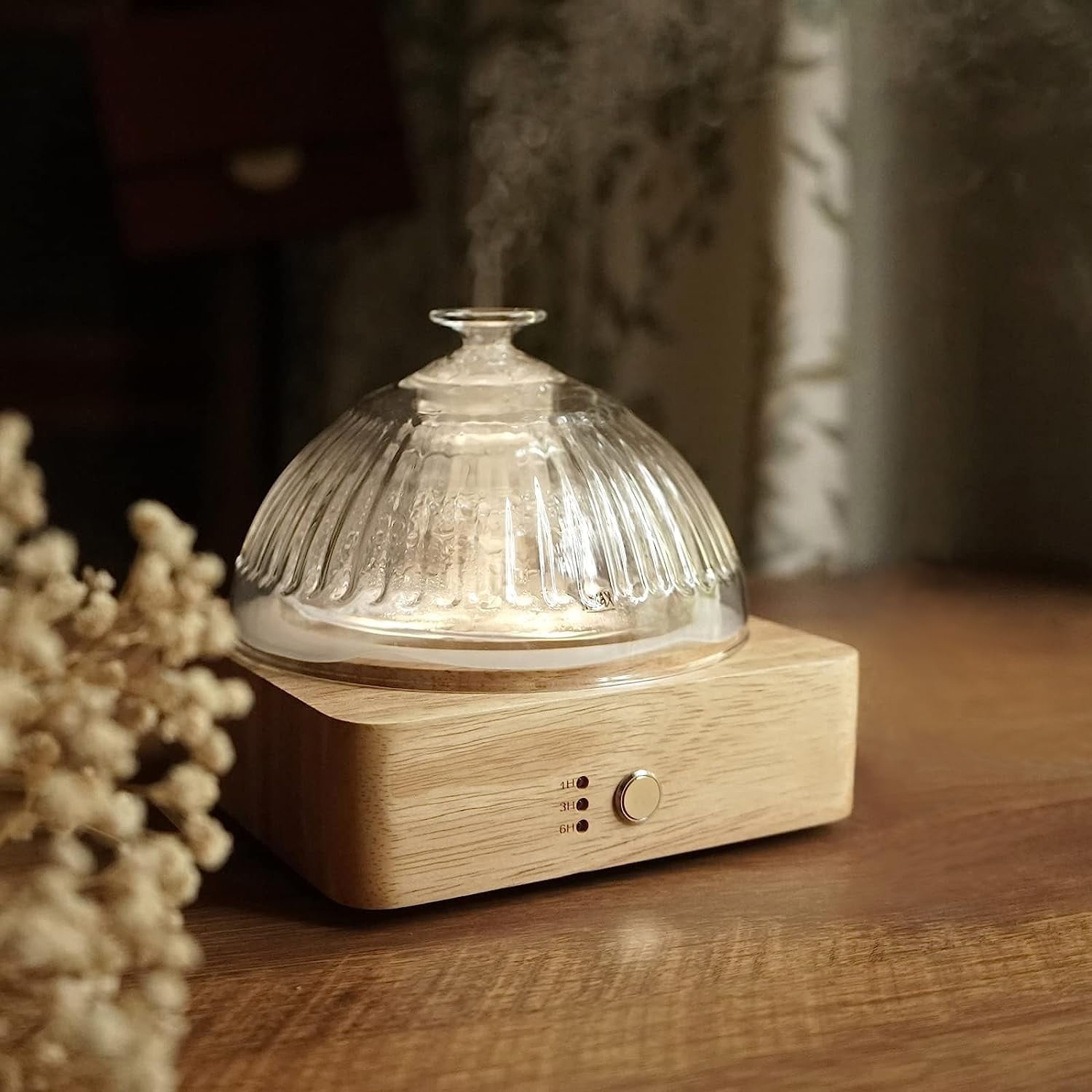 Glass Dome Essential Oil Diffuser with Glass Reservoir & Wood Base-No ...