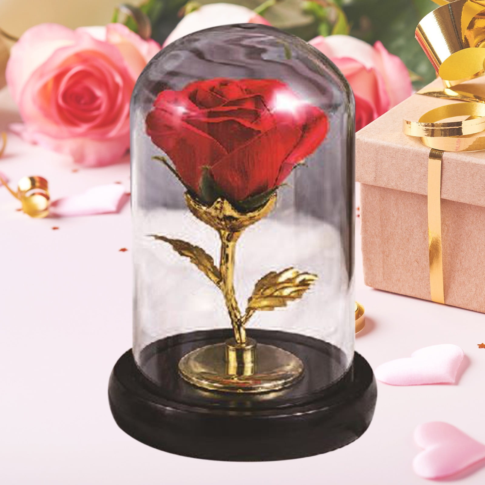 Glass Dome Plastic Rose with LED Light, 6.3 Inch Preserved Gold Foil ...