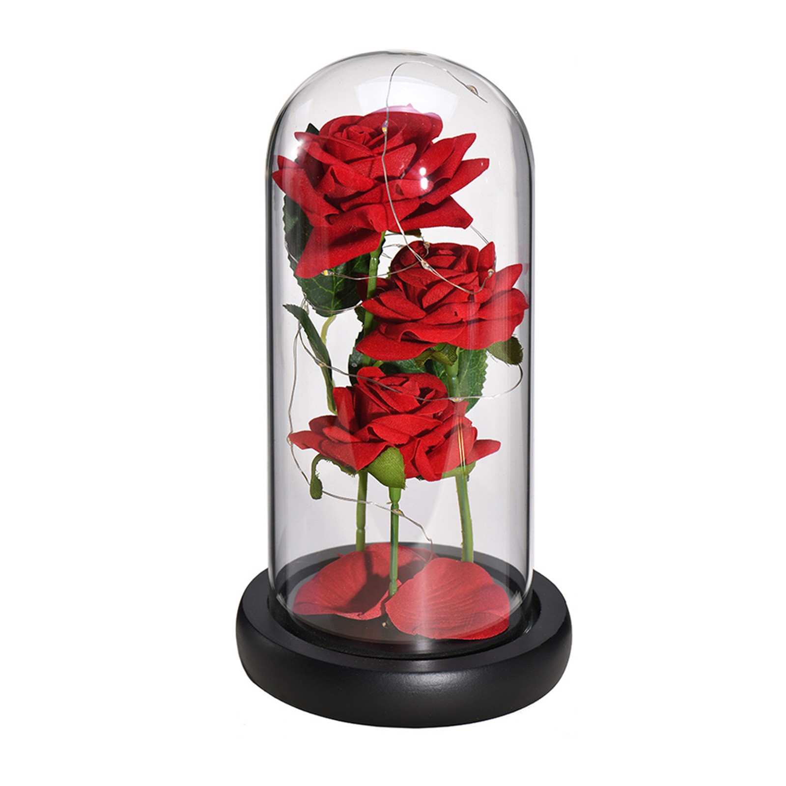 Glass Dome Wooden Base Rose,Exquisite Silk Red Rose,LED Light and ...