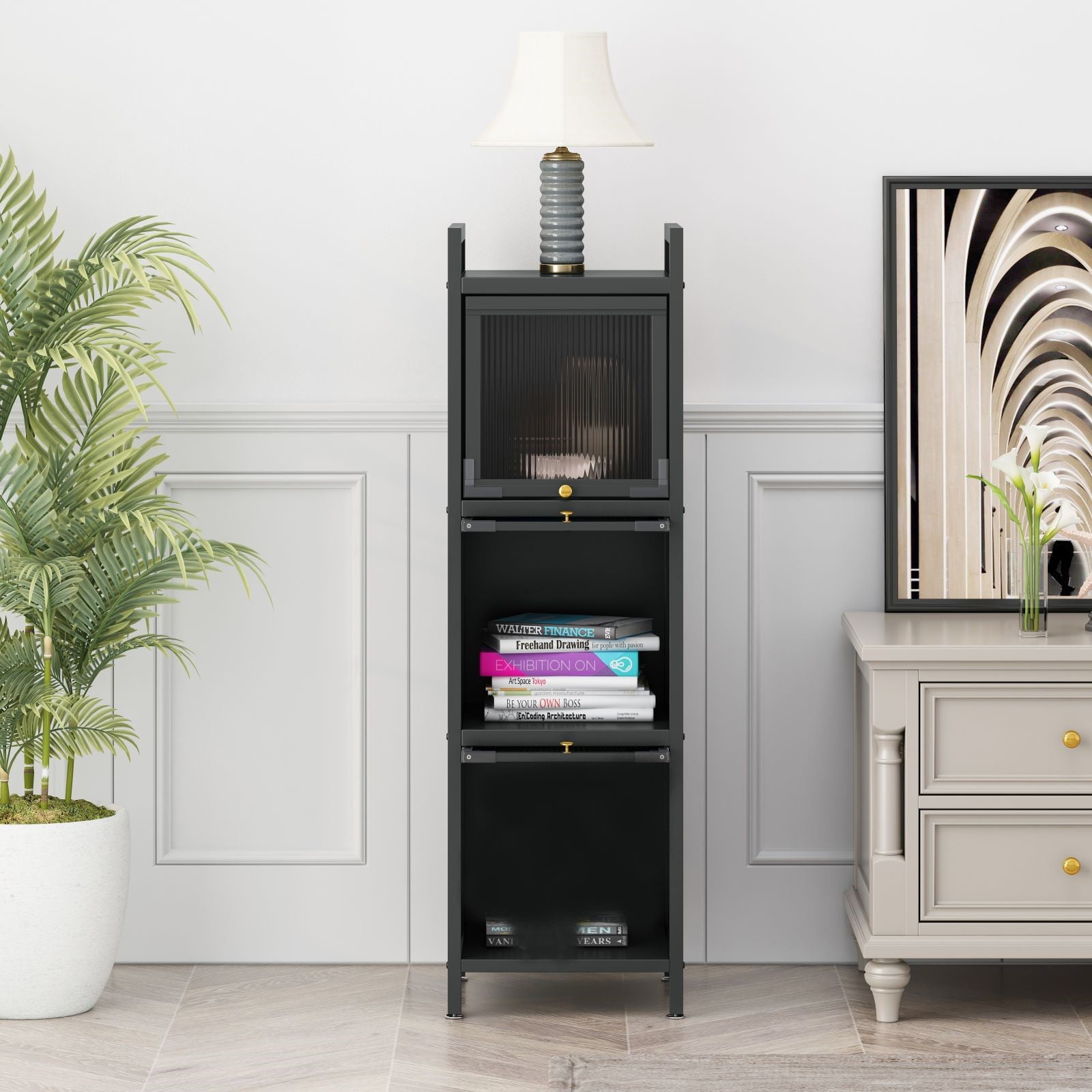 Glass Door Storage Cabinet Display Cabinet with 4-Tier Storage Shelves ...