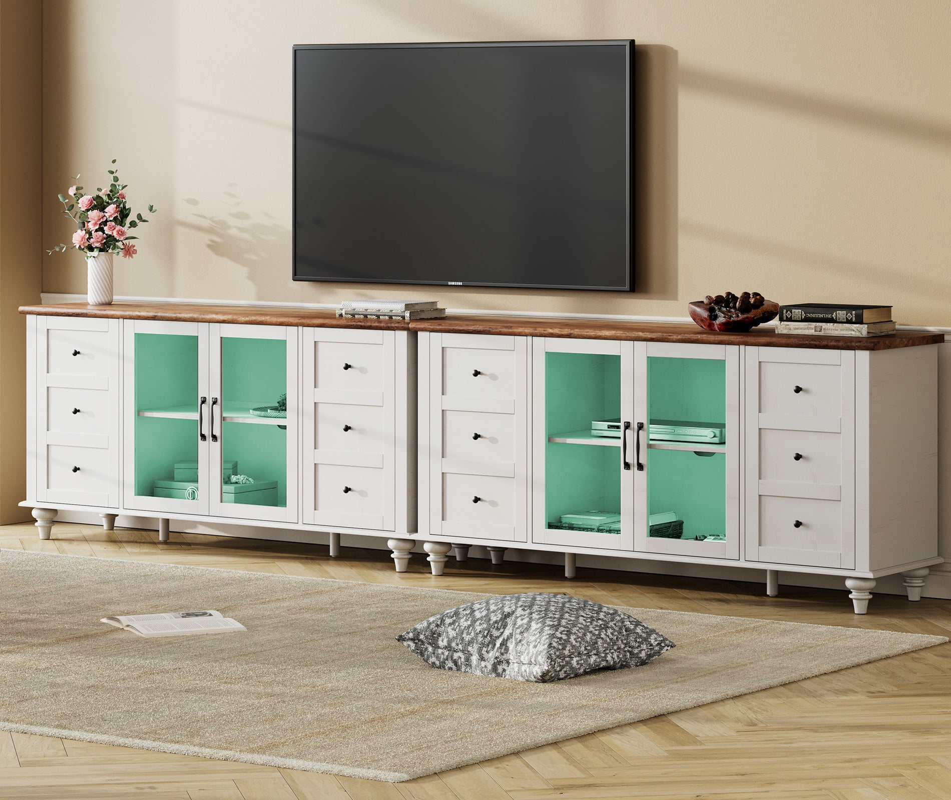 Glass Door TV Stand with Colorful Light Farmhouse Modern TV Stand for ...