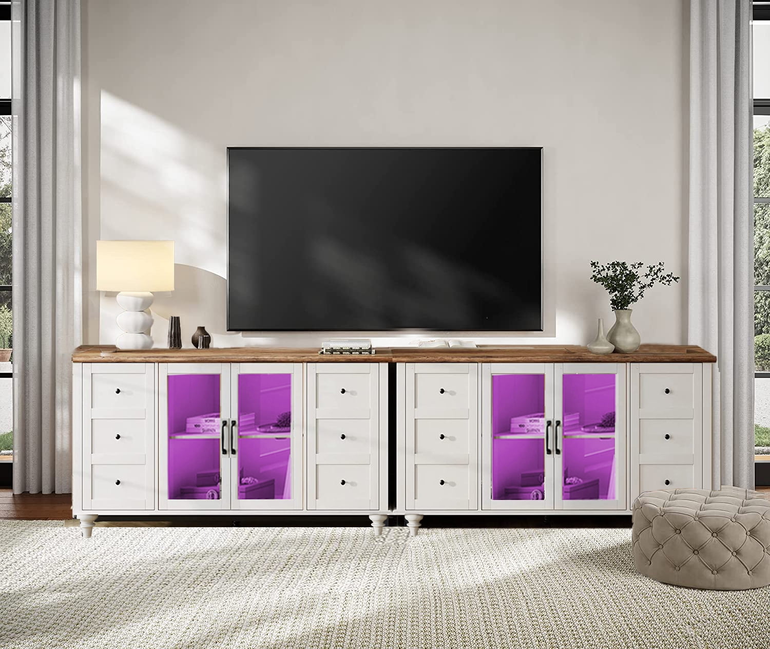 Free Shipping! Wampat White Farmhouse TV Stand with Glass Doors and LED ...