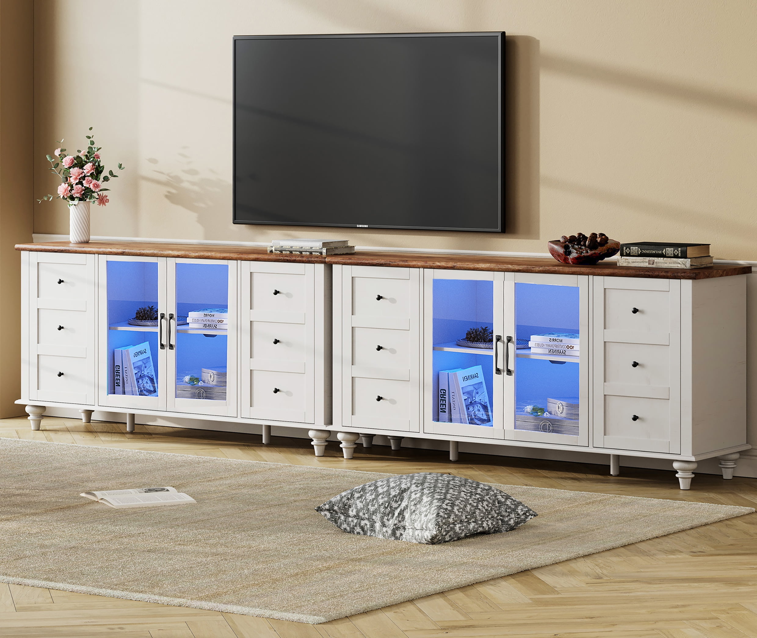 Glass Door TV Stand with Blue Light Farmhouse Modern TV Stand for TVs ...