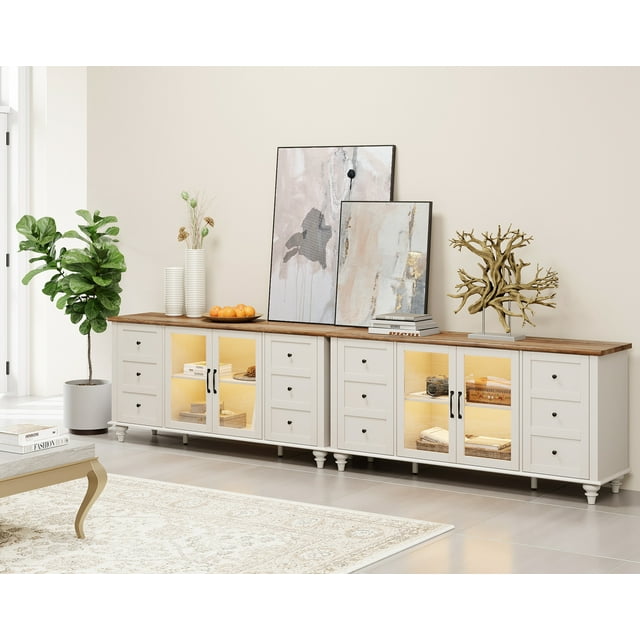 Glass Door TV Stand with Yellow Light Farmhouse Modern TV Stand for TVs ...