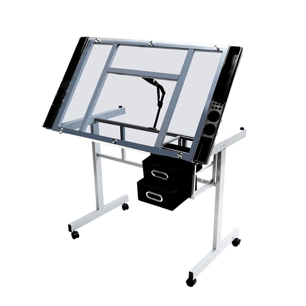 Glass Drafting Table Rolling Drawing Desk Artists Art Craft Desk with 2 ...