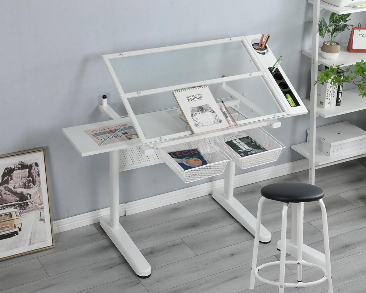 Glass Drafting Table and Stool Set, Upgraded Hand Crank Adjustable ...