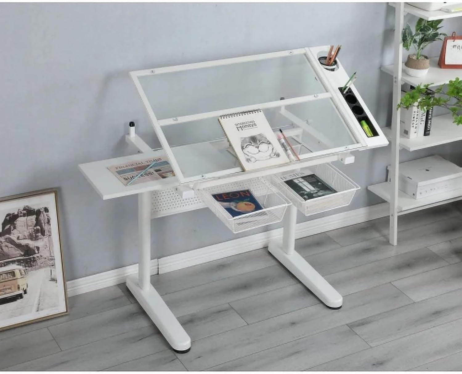 Glass Drafting Table and Stool Set, Upgraded Hand Crank Adjustable ...