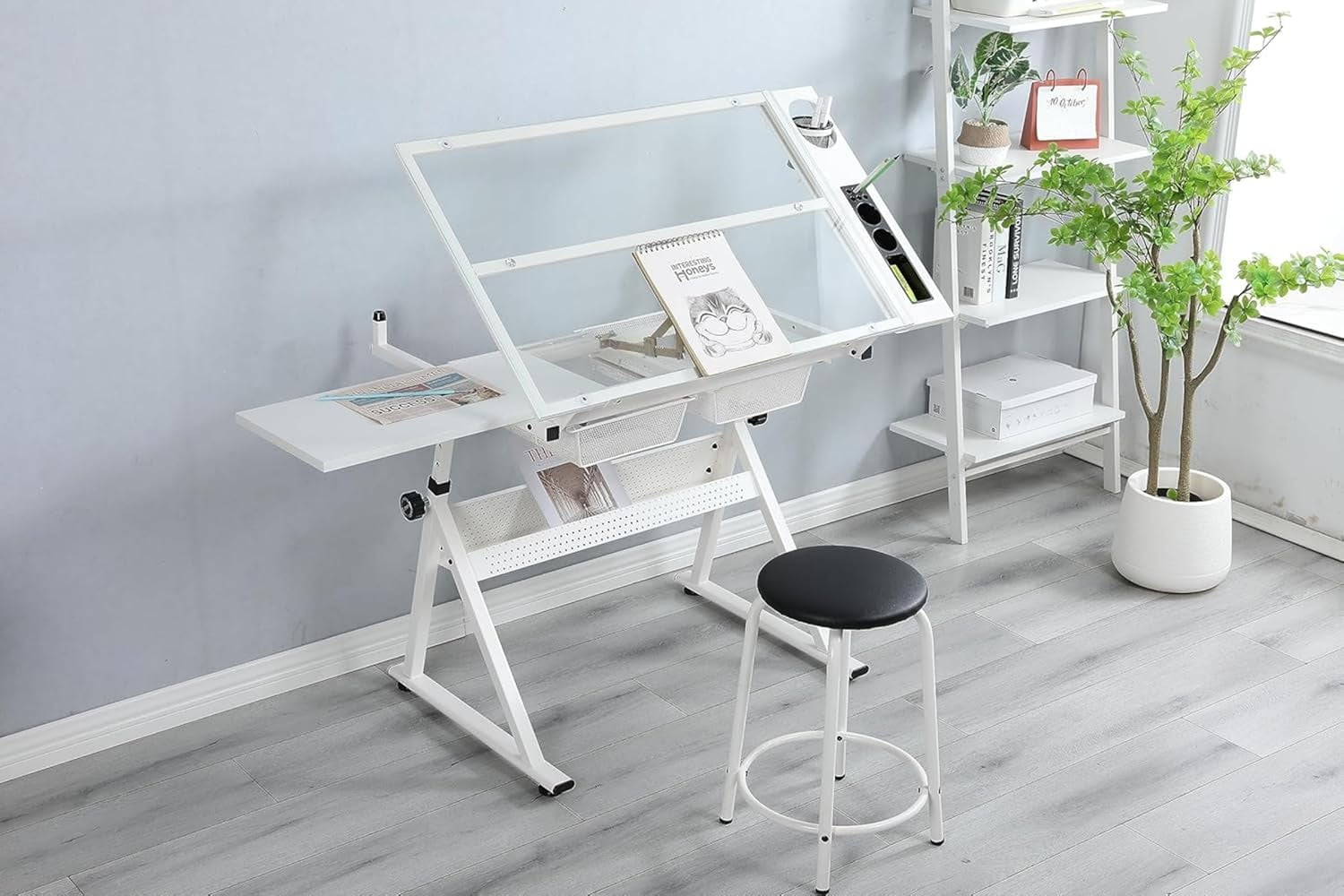 Glass Drafting Table and Stool Sets, Adjustable Height Drawing Table ...