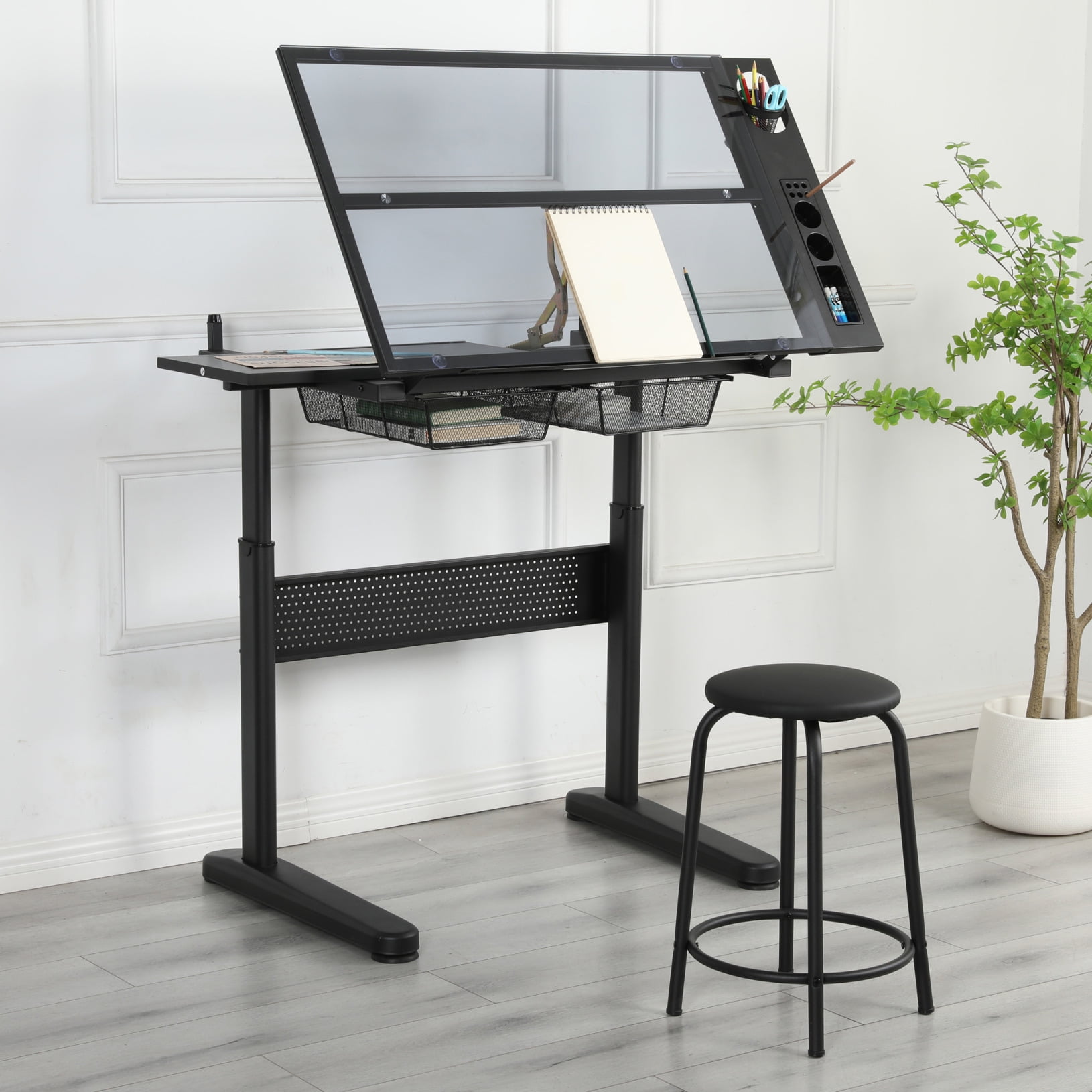 Glass Drafting Table,Upgraded Hand Crank Adjustable Height Drawing ...