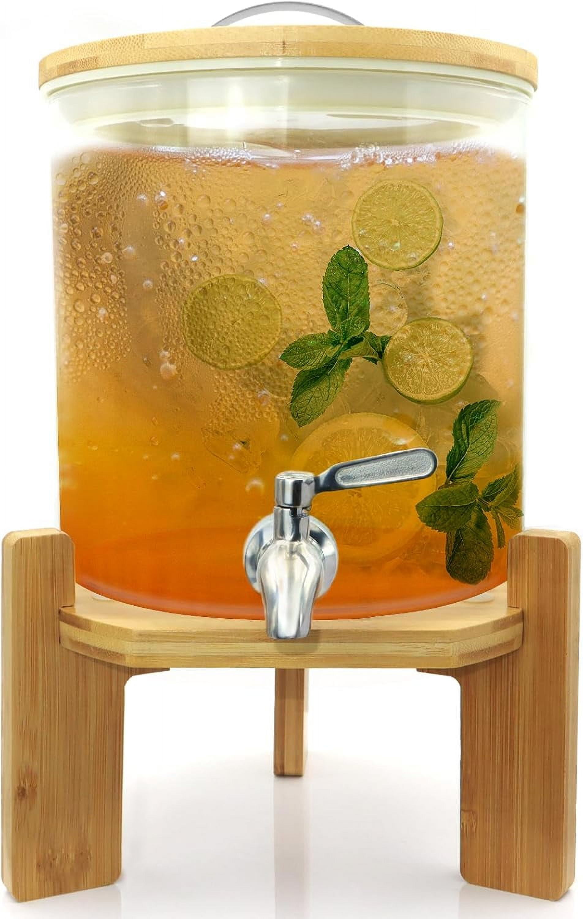 Glass Beverage Dispenser with Stand, 1.5 Gallons - Wooden Stand with ...