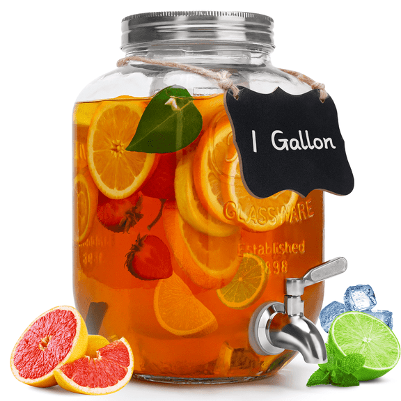 1 Gallon Glass Beverage Dispenser with Stand and Stainless Steel Spigot ...